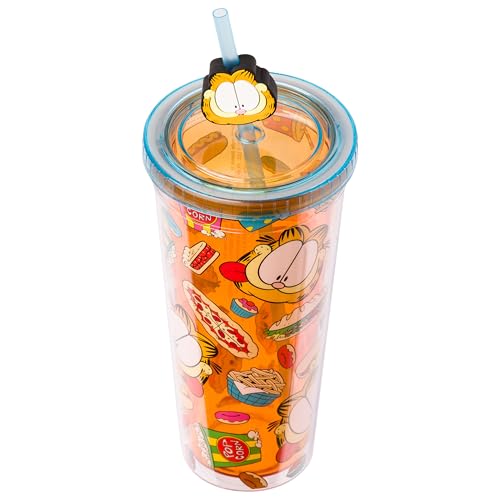 Silver Buffalo Garfield Junk Food Pattern Plastic Cold Cup with Lid and Straw Topper, 24 Ounces