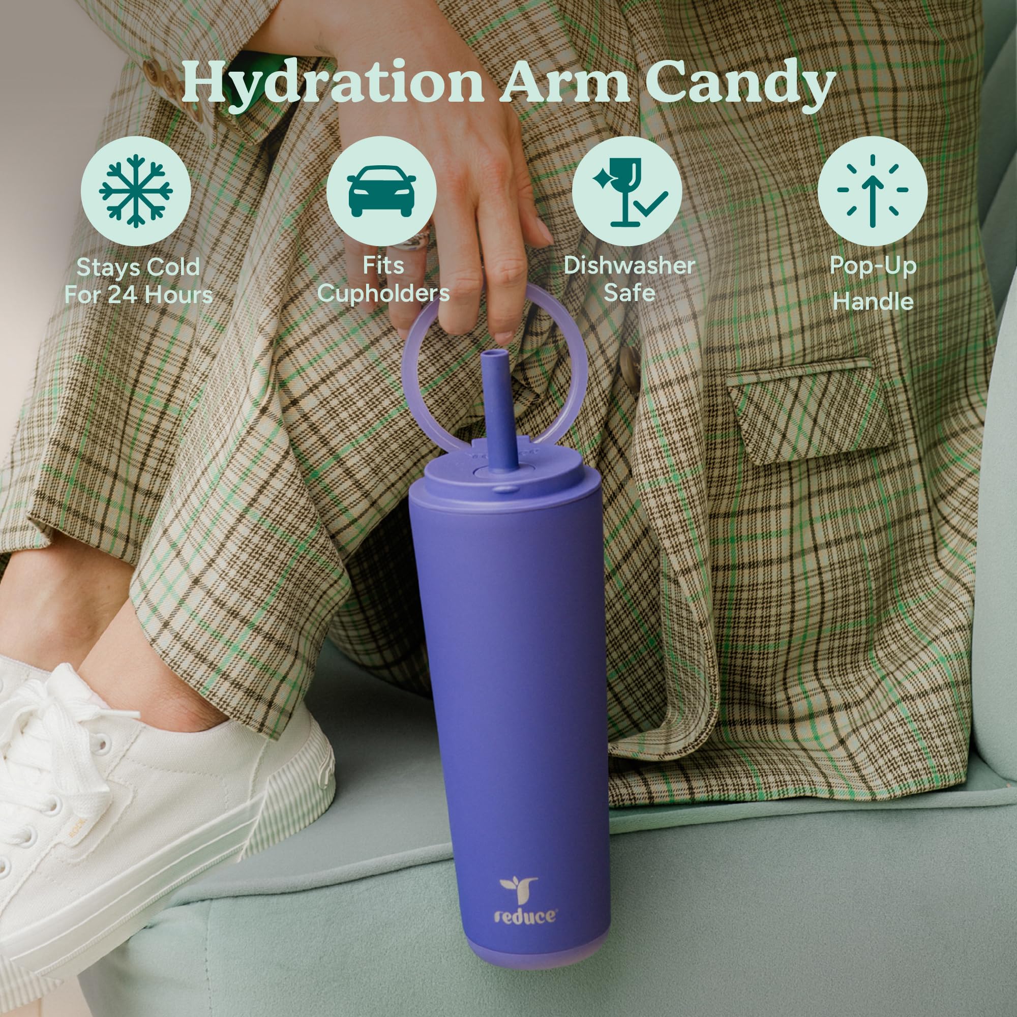 REDUCE Halo 24 oz Stainless Steel Vacuum Insulated Tumbler - Spill Proof Travel Mug with Flip Handle Lid - Keeps Drinks Cold for 32 Hrs - Dishwasher Safe - Cupholder Friendly - Dragonfruit