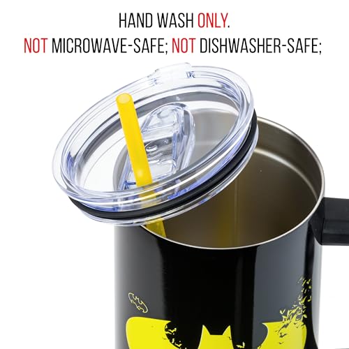 Silver Buffalo DC Comics Batman Logo Stainless Steel Tumbler with Handle and Straw, Fits in Standard Cup Holder, 40 Ounces