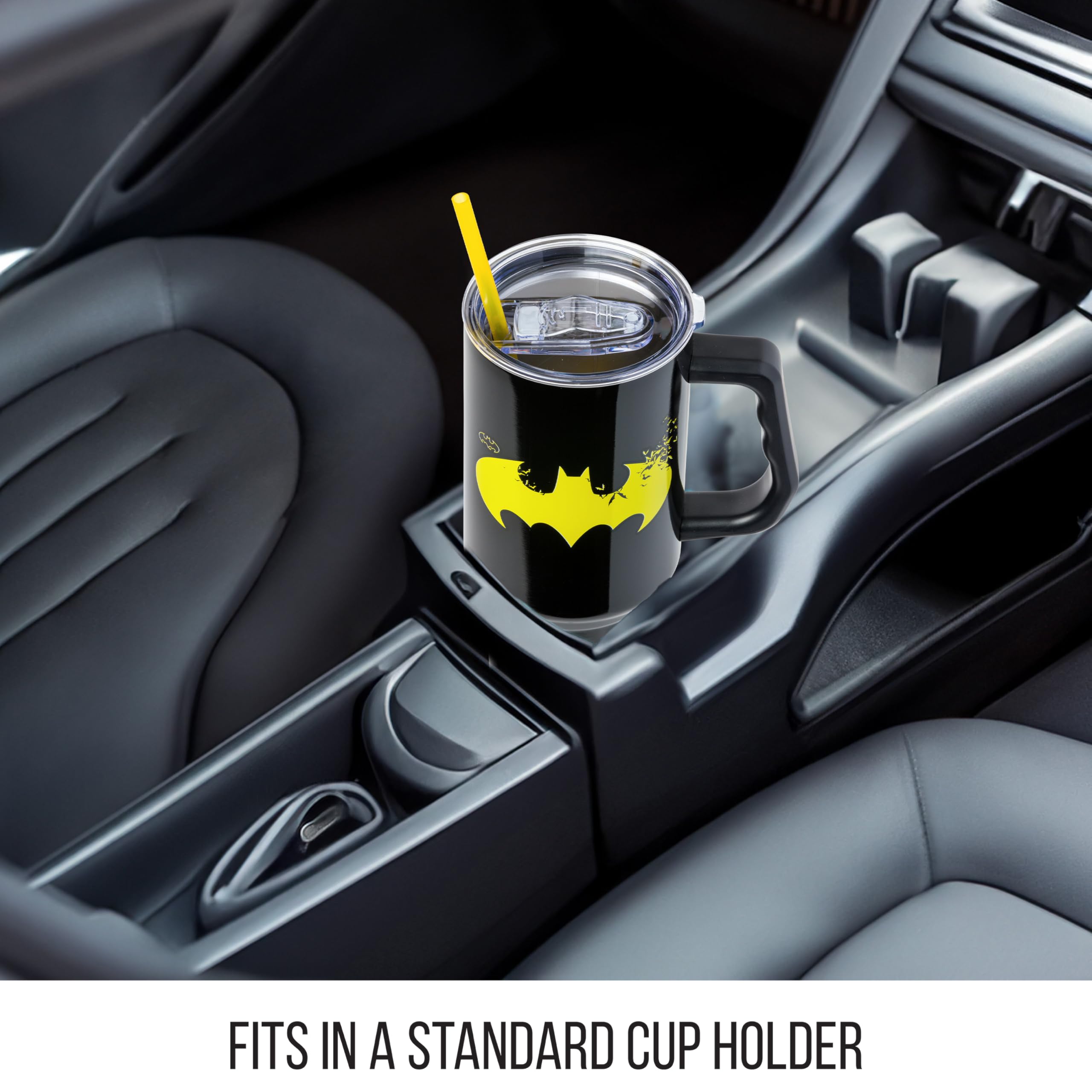 Silver Buffalo DC Comics Batman Logo Stainless Steel Tumbler with Handle and Straw, Fits in Standard Cup Holder, 40 Ounces