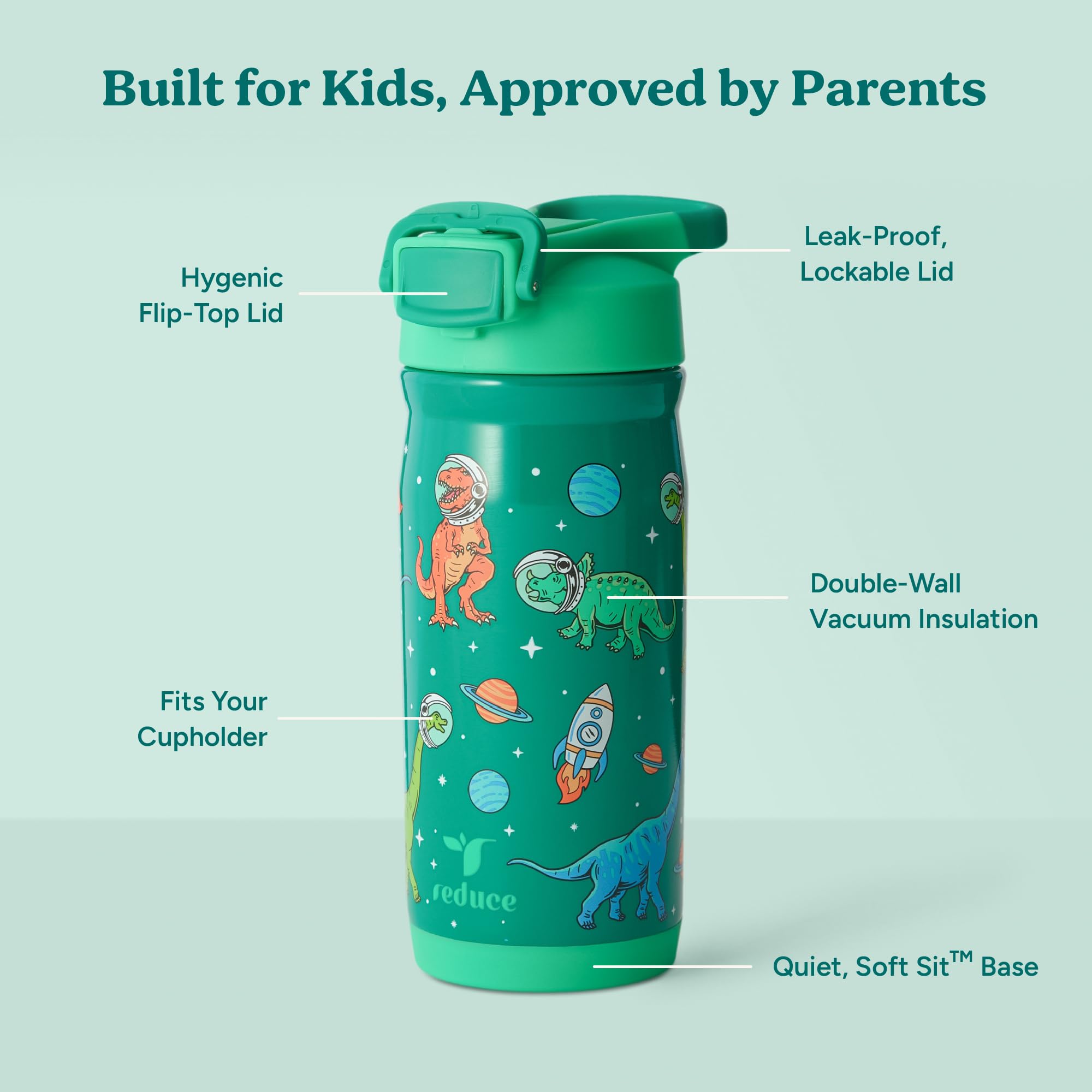 REDUCE 14 oz Hydrate Pro Stainless Steel Insulated Water Bottle - Flip Top Leak-Proof Lid,Dishwasher Safe,BPA-Free, Dual Wall Vacuum, Keeps Drinks Cold for 48 Hrs, Cup Holder Friendly - Jurassic Space