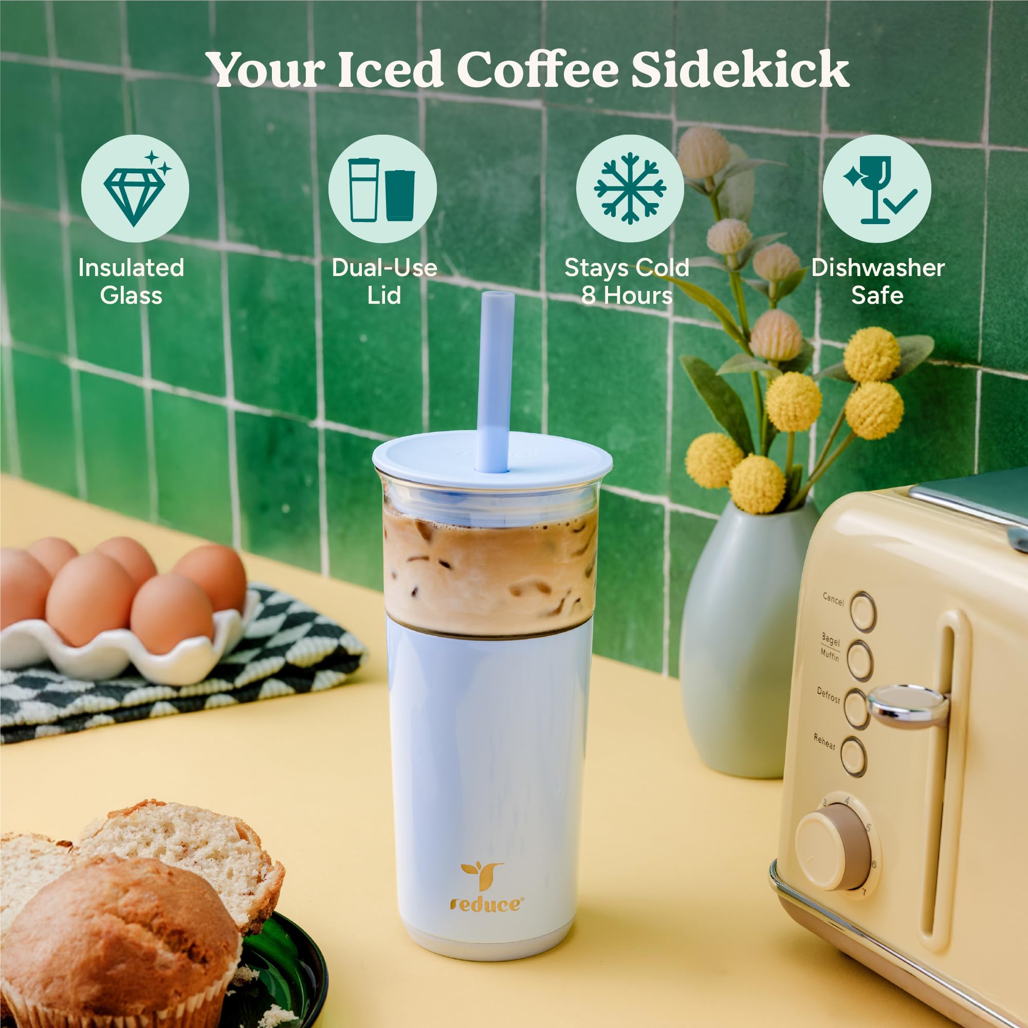 REDUCE Aspen 20 oz Vacuum Insulated Glass Tumbler with Lid & Extra Wide Straw - Keeps Drinks Cold for 12 Hrs - Ideal for Iced Coffee, Smoothies & Boba - Dishwasher Safe, Soft Base - Sand
