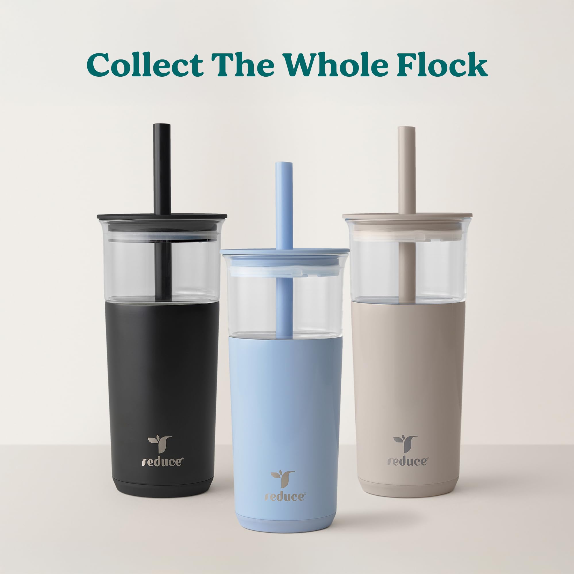 REDUCE Aspen 20 oz Vacuum Insulated Glass Tumbler with Lid & Extra Wide Straw - Keeps Drinks Cold for 12 Hrs - Ideal for Iced Coffee, Smoothies & Boba - Dishwasher Safe, Soft Base - Matcha