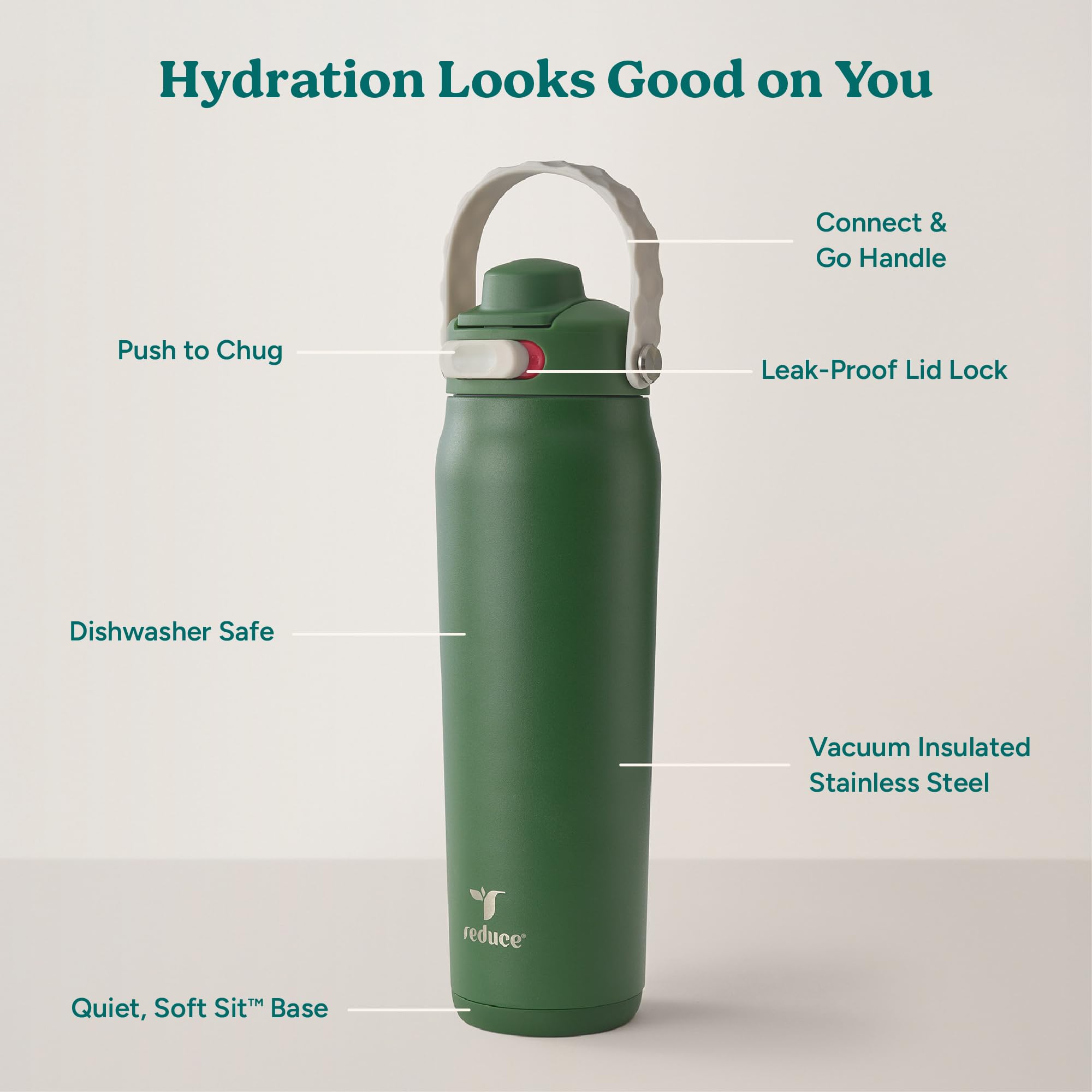 REDUCE Aura Vacuum Insulated 26 oz Water Bottle - Leak-Proof & Chug Spout for Quick Hydration - Keeps Drinks Cold for 30 Hours - Removable Handle for Travel or Gym - Soft Sit Base - Fairway Green
