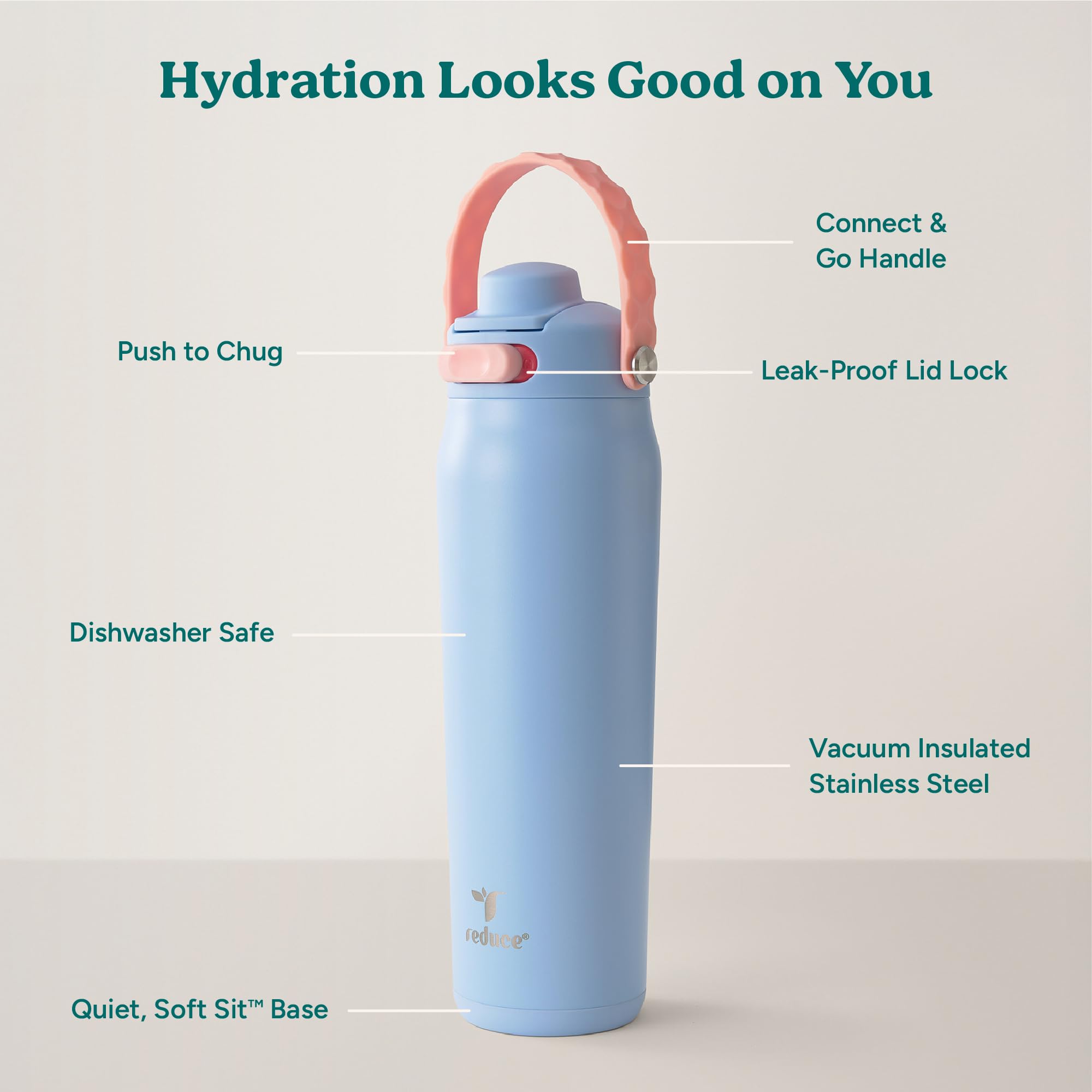 Reduce Aura Vacuum Insulated 26 oz Water Bottle - Leak-Proof & Chug Spout for Quick Hydration - Keeps Drinks Cold for 30 Hours - Removable Handle for Travel or Gym - Soft Sit Base - Glacier