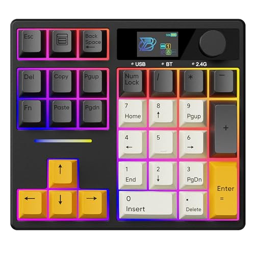 BOYI TD31Pro Mechanical Number Pad,Bluetooth5.0/2.4G/Type-C Wireless Numeric Keypad,RGB HotSwap Numpad with Screen&Knob,PBT Keycaps Rechargeable Gasket Number keypad for PC Laptop Desktop(Black-Grey)