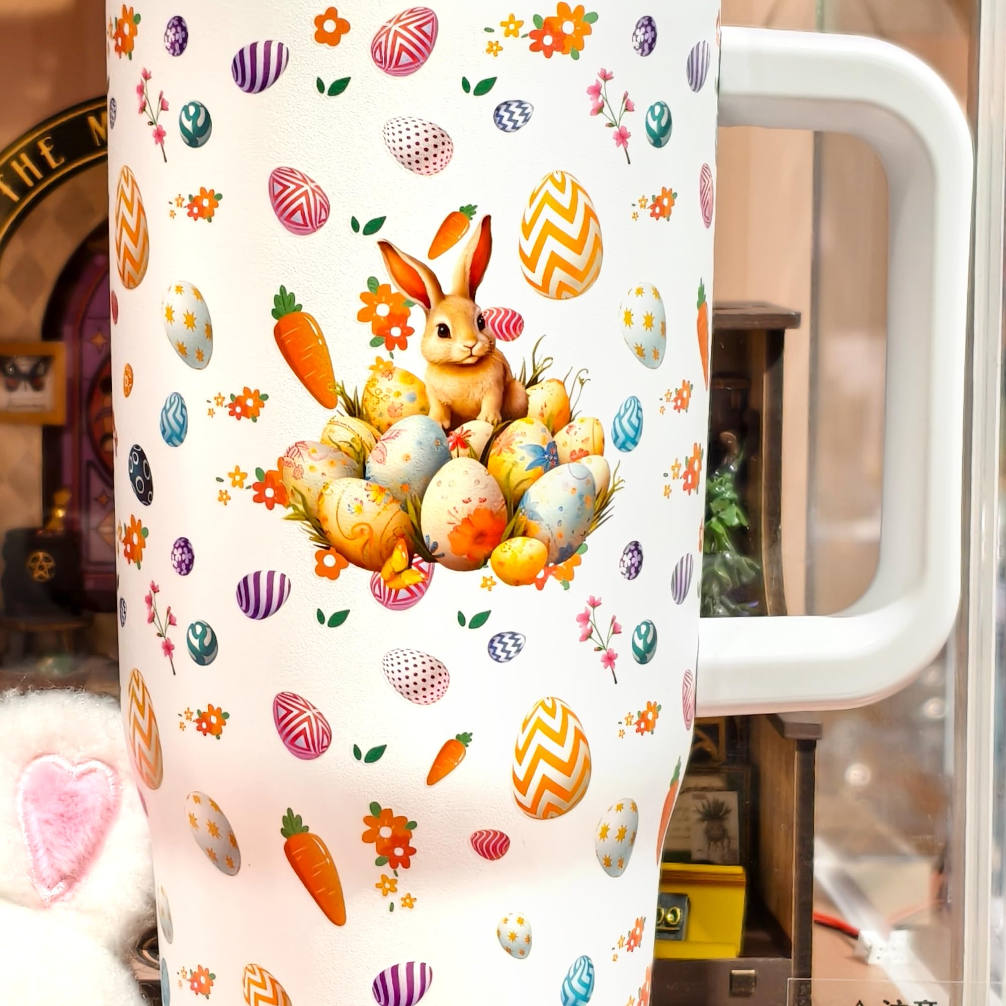 winiwo 40 oz Easter Tumbler with Handle and Straw, Easter Gifts for Kids, Rabbits Lover, Bunny Insulated Tumbler for Hiding Candy Chocolate Eggs, Stainless Steel, Available Gift Wrapping (White)