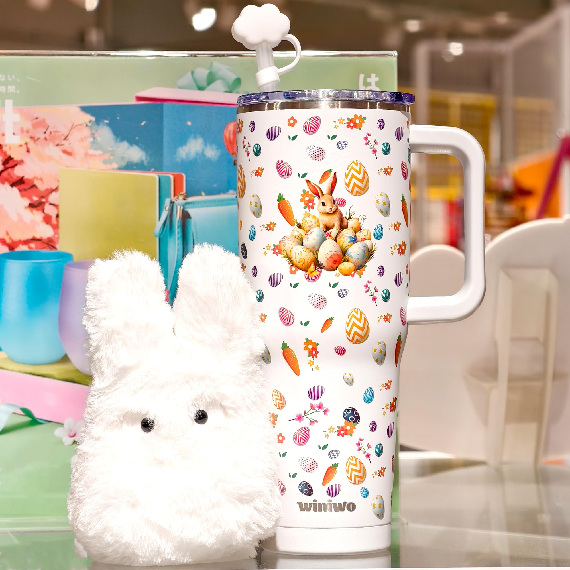 winiwo 40 oz Easter Tumbler with Handle and Straw, Easter Gifts for Kids, Rabbits Lover, Bunny Insulated Tumbler for Hiding Candy Chocolate Eggs, Stainless Steel, Available Gift Wrapping (White)