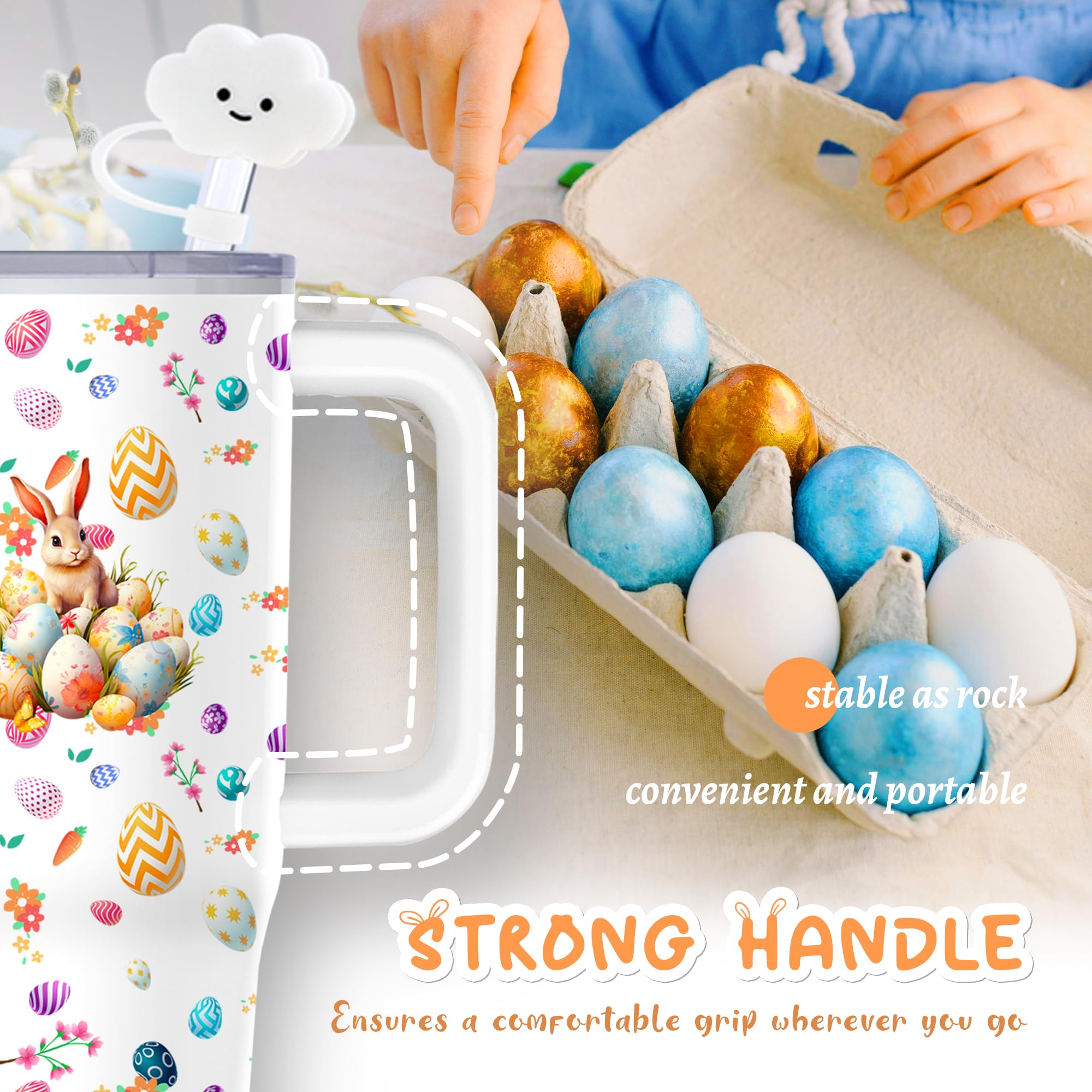 winiwo 40 oz Easter Tumbler with Handle and Straw, Easter Gifts for Kids, Rabbits Lover, Bunny Insulated Tumbler for Hiding Candy Chocolate Eggs, Stainless Steel, Available Gift Wrapping (White)