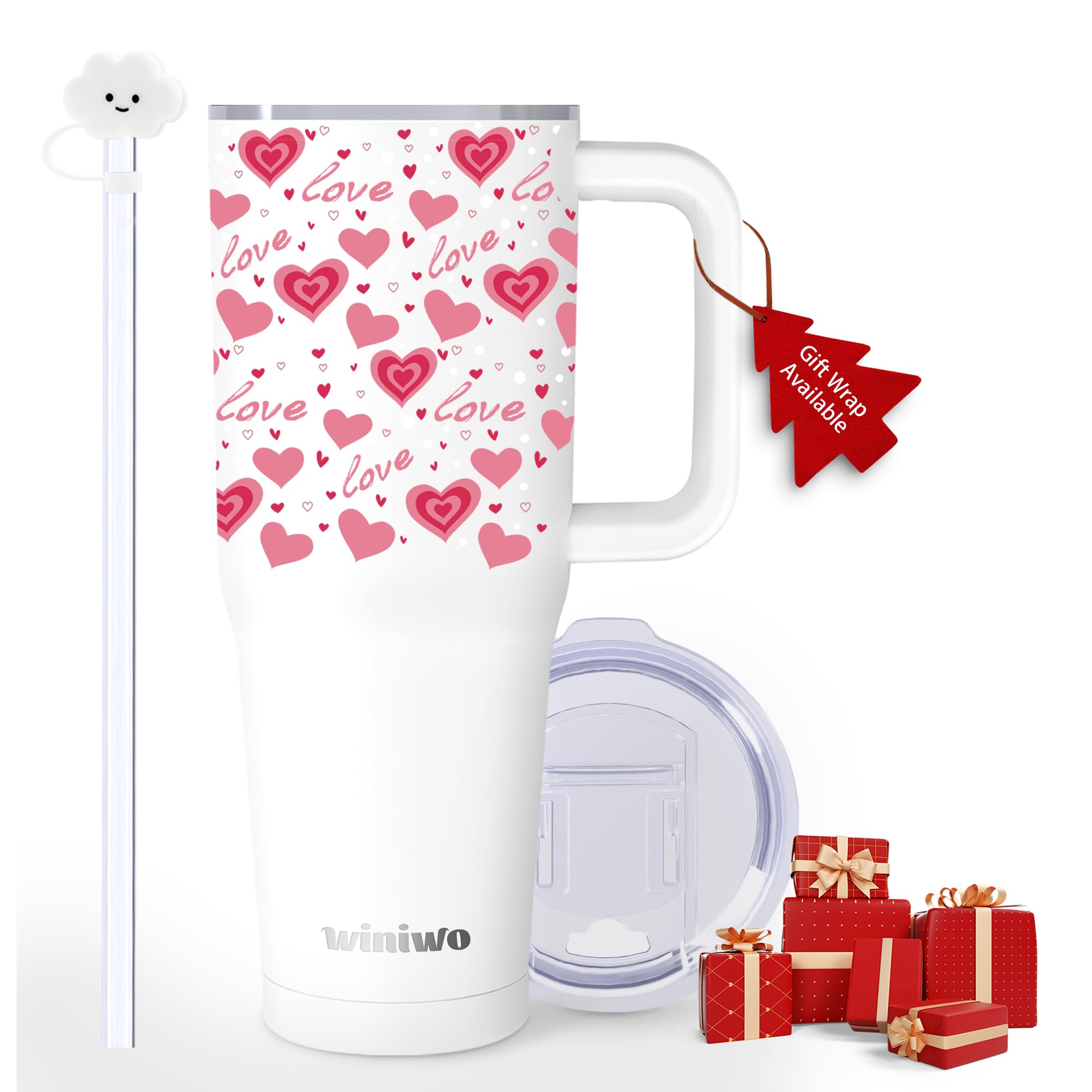 winiwo 40 oz Valentines Tumbler with Handle and Straw, Heart tumbler Gifts for Mom/Women/Wife/Her/Love, Insulated White Tumbler, Fits Cupholders, Available Gift Wrapping