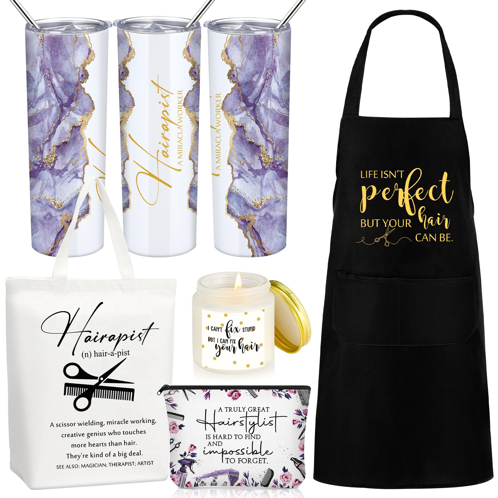 Teenyyou 5 Pcs Hair Stylist Gifts for Women Hairdresser Appreciation Hair Stylist Apron Tumbler Tote Bag Makeup Bag Candle Gifts for Hairdressers Female(Purple Marble)