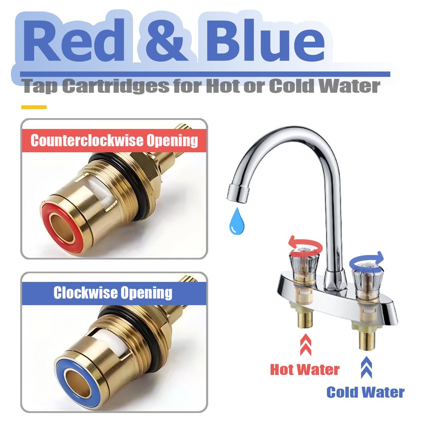 Mesee 1 Pair Faucet Cartridges Replacement, Brass Ceramic Disc Stem Cartridge Faucet Valve 1/2" Turn Tap Cartridge Valves for Bathroom Garden Kitchen Taps