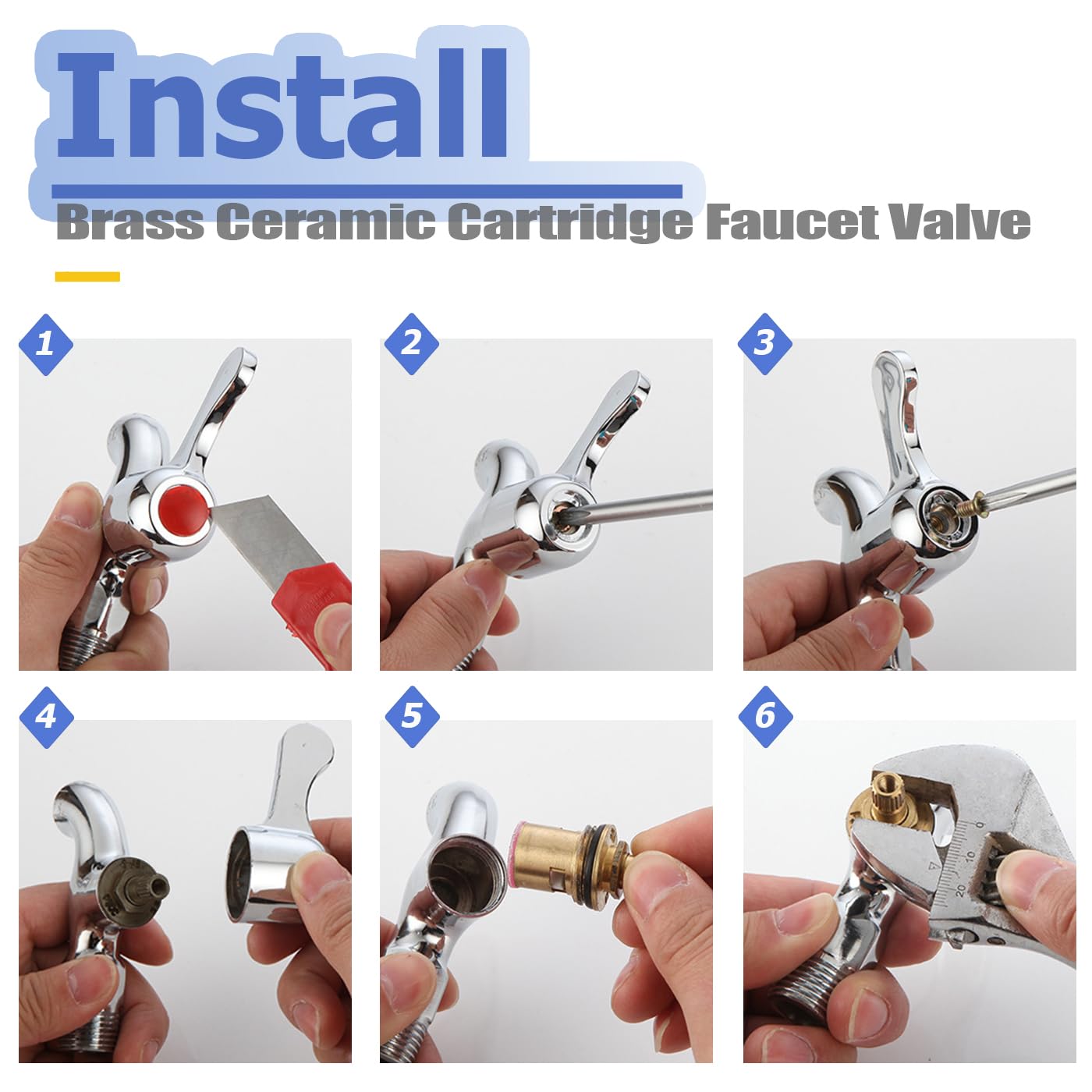 Mesee 1 Pair Faucet Cartridges Replacement, Brass Ceramic Disc Stem Cartridge Faucet Valve 1/2" Turn Tap Cartridge Valves for Bathroom Garden Kitchen Taps