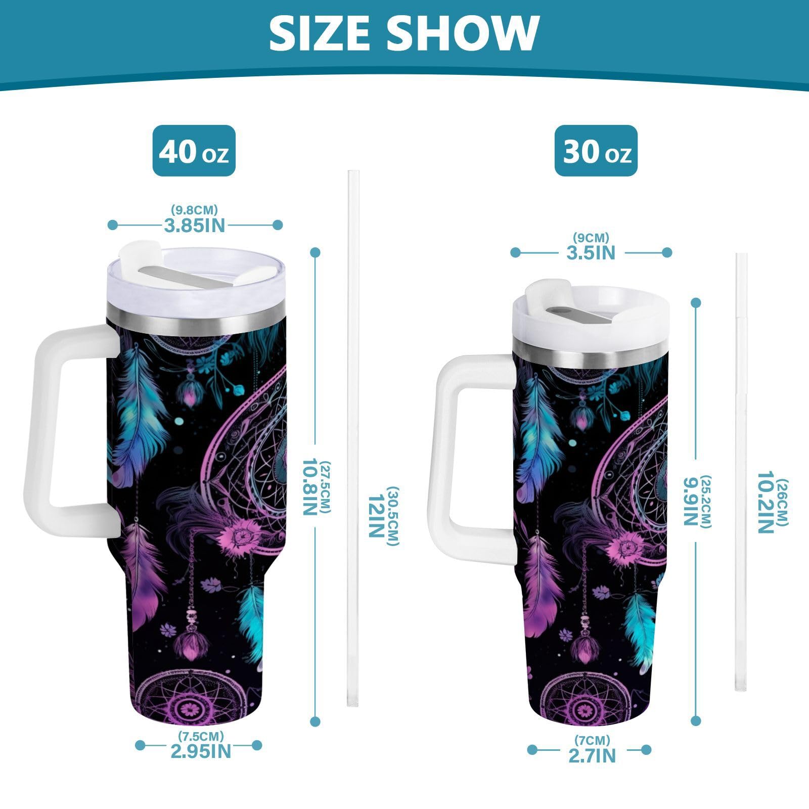 FLildon 40oz Tumbler with Handle and Straw Lid, Purple Dream Catcher Insulated Coffee Mug Stainless Steel Water Bottle Leakproof Vacuum Travel Coffee Cup