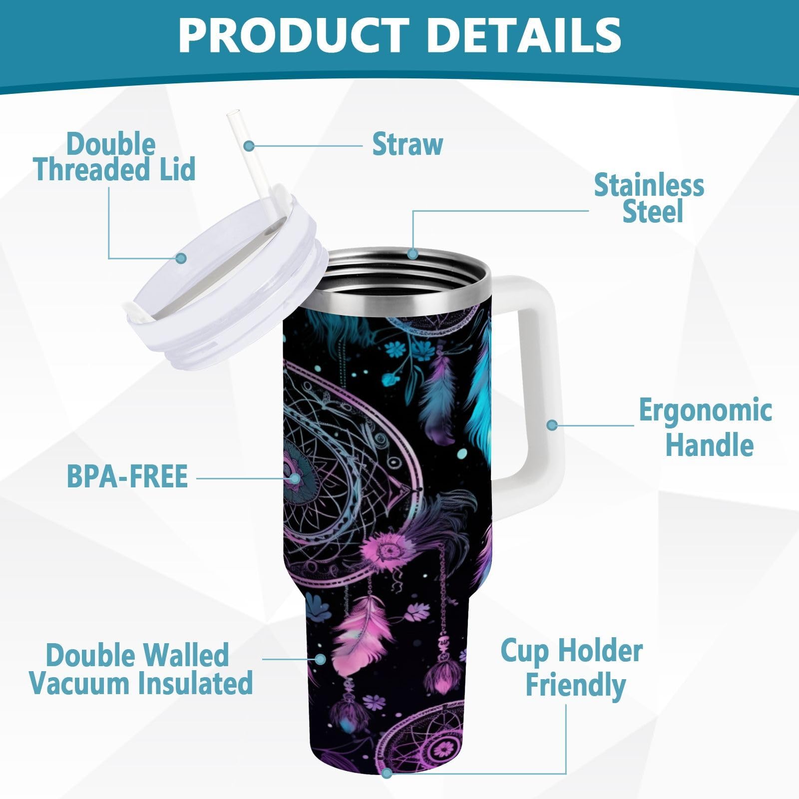 FLildon 40oz Tumbler with Handle and Straw Lid, Purple Dream Catcher Insulated Coffee Mug Stainless Steel Water Bottle Leakproof Vacuum Travel Coffee Cup