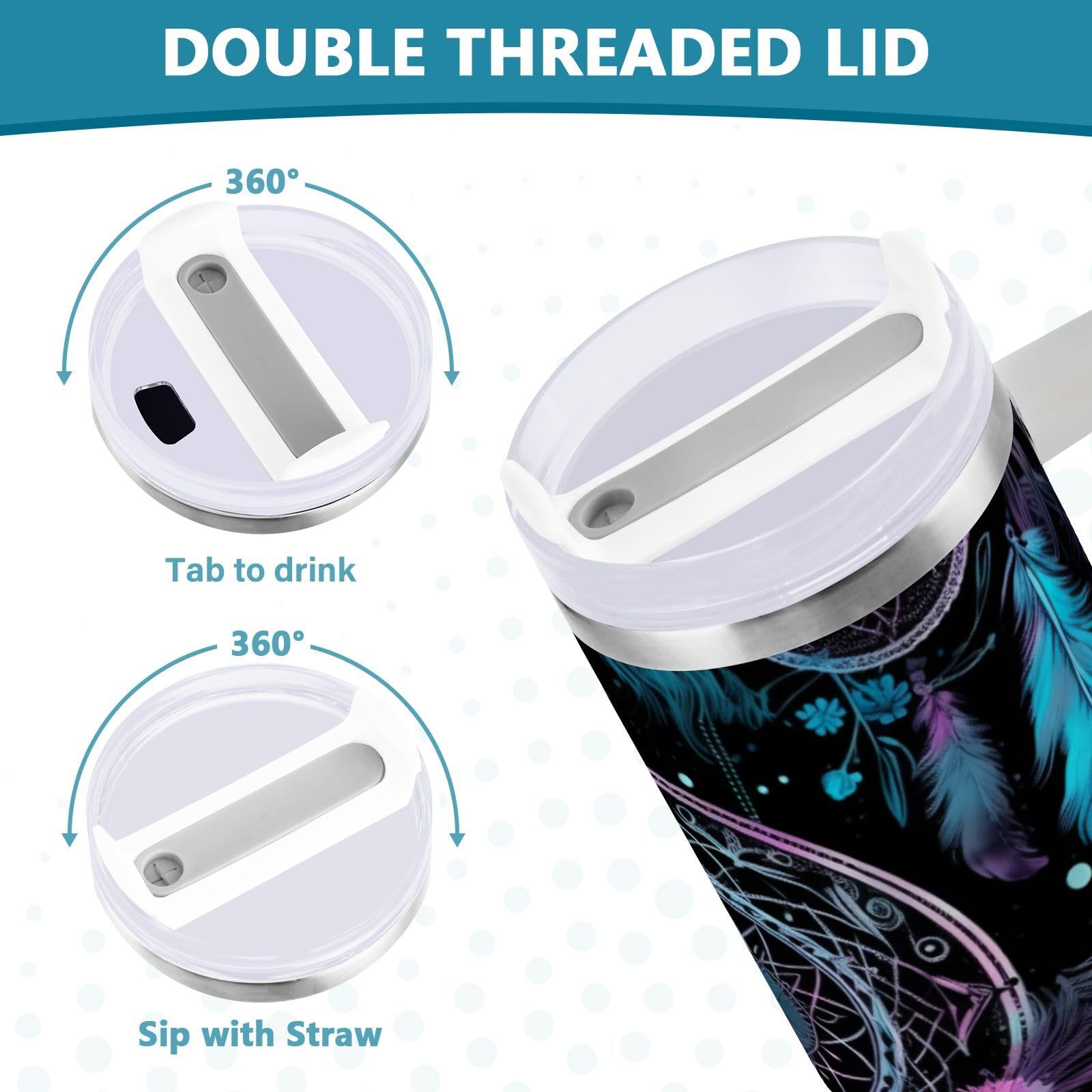 FLildon 40oz Tumbler with Handle and Straw Lid, Purple Dream Catcher Insulated Coffee Mug Stainless Steel Water Bottle Leakproof Vacuum Travel Coffee Cup