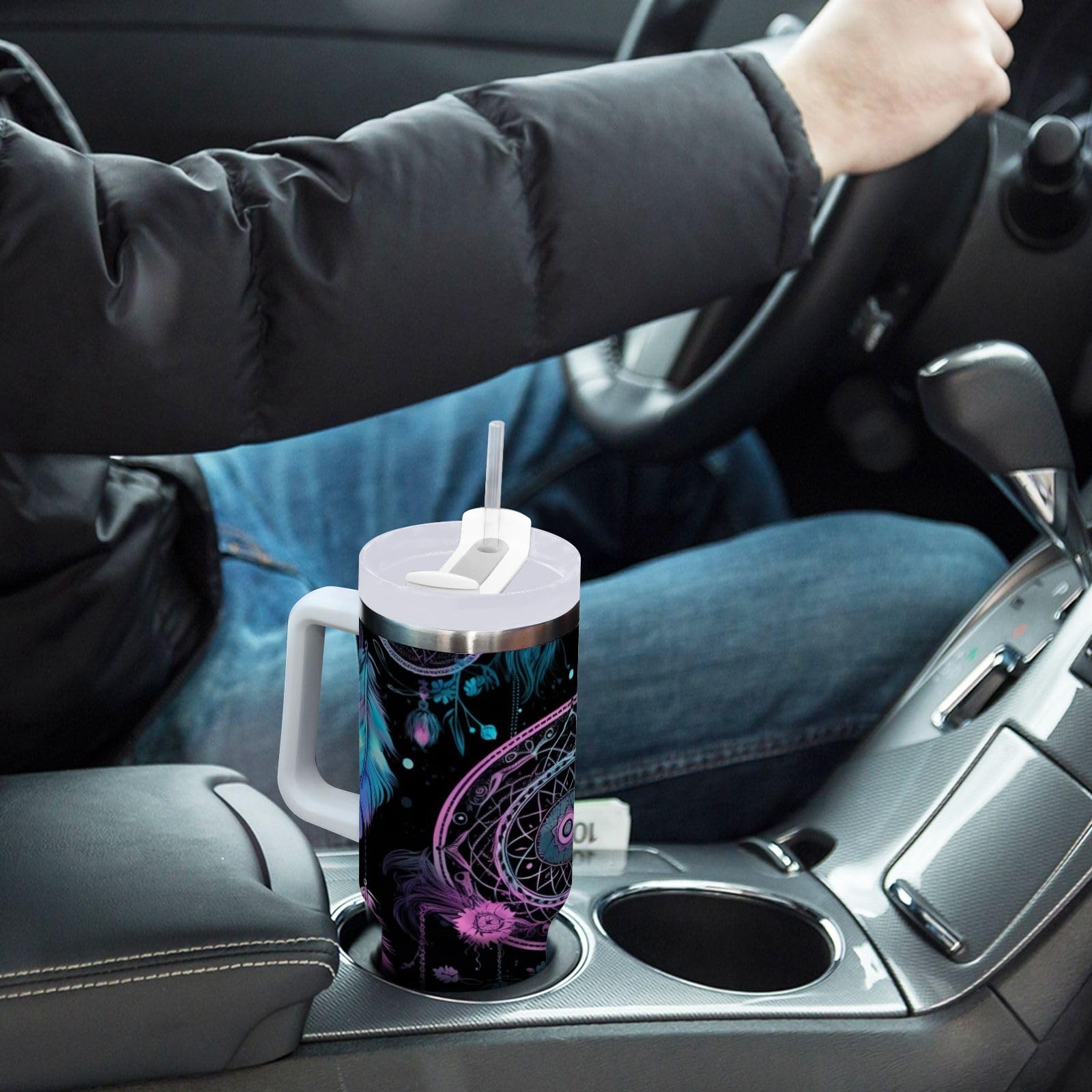 FLildon 40oz Tumbler with Handle and Straw Lid, Purple Dream Catcher Insulated Coffee Mug Stainless Steel Water Bottle Leakproof Vacuum Travel Coffee Cup