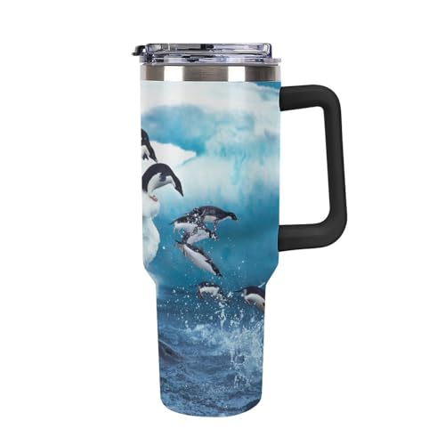 Niapessel Leak Proof Tumbler, Insulated Water Bottles with Straw, Penguin Group Into Ocean Insulated Cup with Handle 40 Oz Stainless Steel Flask for School, Travel, Car, Sports, Work
