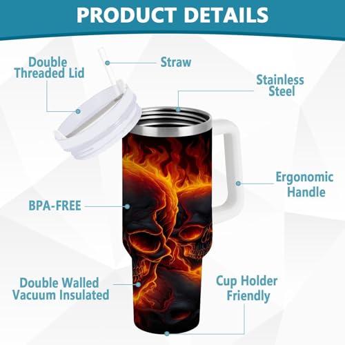FLildon 40oz Tumbler with Handle and Straw Lid, Fire Skulls Insulated Coffee Mug Stainless Steel Water Bottle Leakproof Vacuum Travel Coffee Cup
