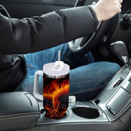 FLildon 40oz Tumbler with Handle and Straw Lid, Fire Skulls Insulated Coffee Mug Stainless Steel Water Bottle Leakproof Vacuum Travel Coffee Cup