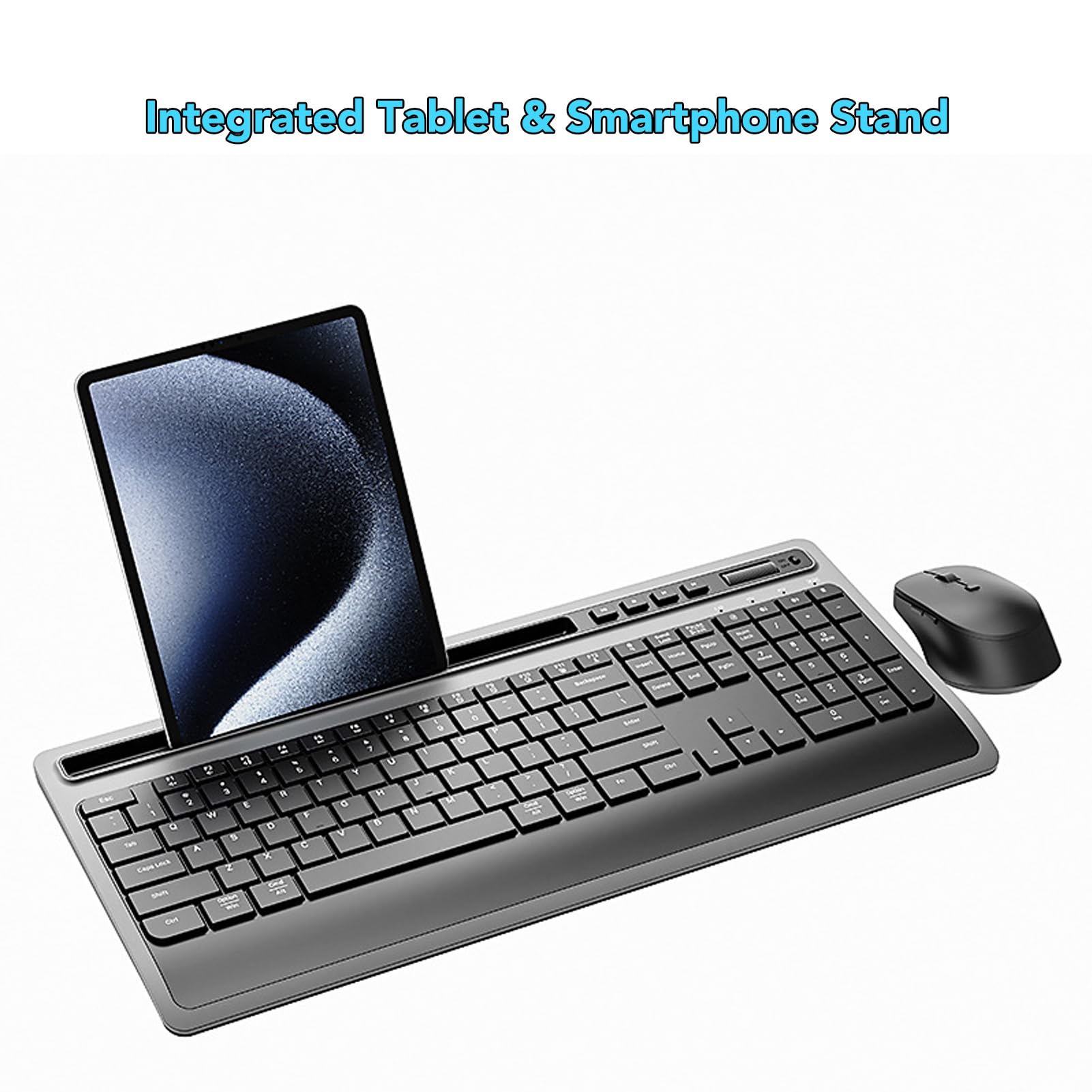 Wireless Keyboard and Mouse Combination, Silent Numeric Keypad and Adjustable DPI Mouse, Built-in Phone & Tablet Stand, Compatible with MacBook, Windows Computer, Black
