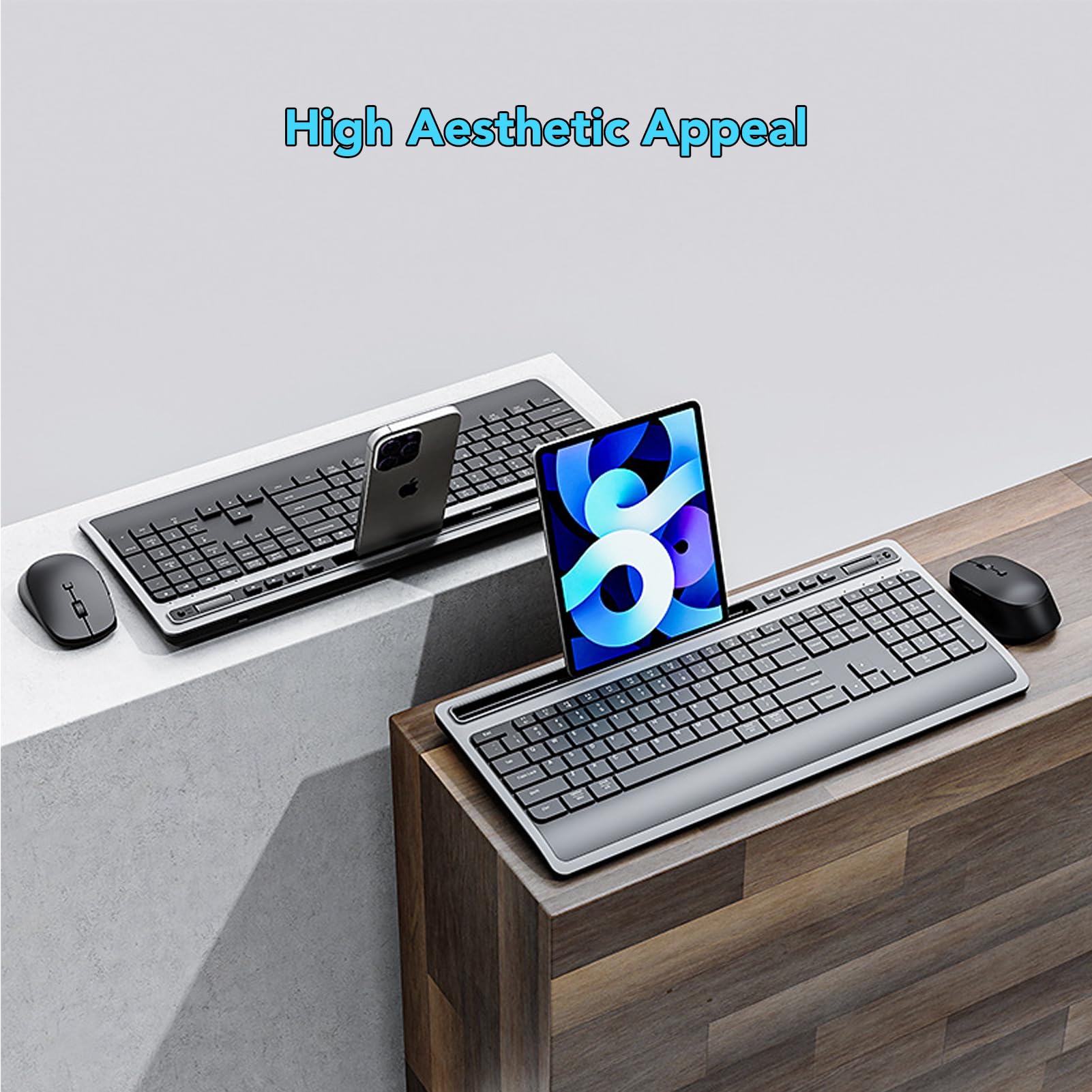 Wireless Keyboard and Mouse Combination, Silent Numeric Keypad and Adjustable DPI Mouse, Built-in Phone & Tablet Stand, Compatible with MacBook, Windows Computer, Black
