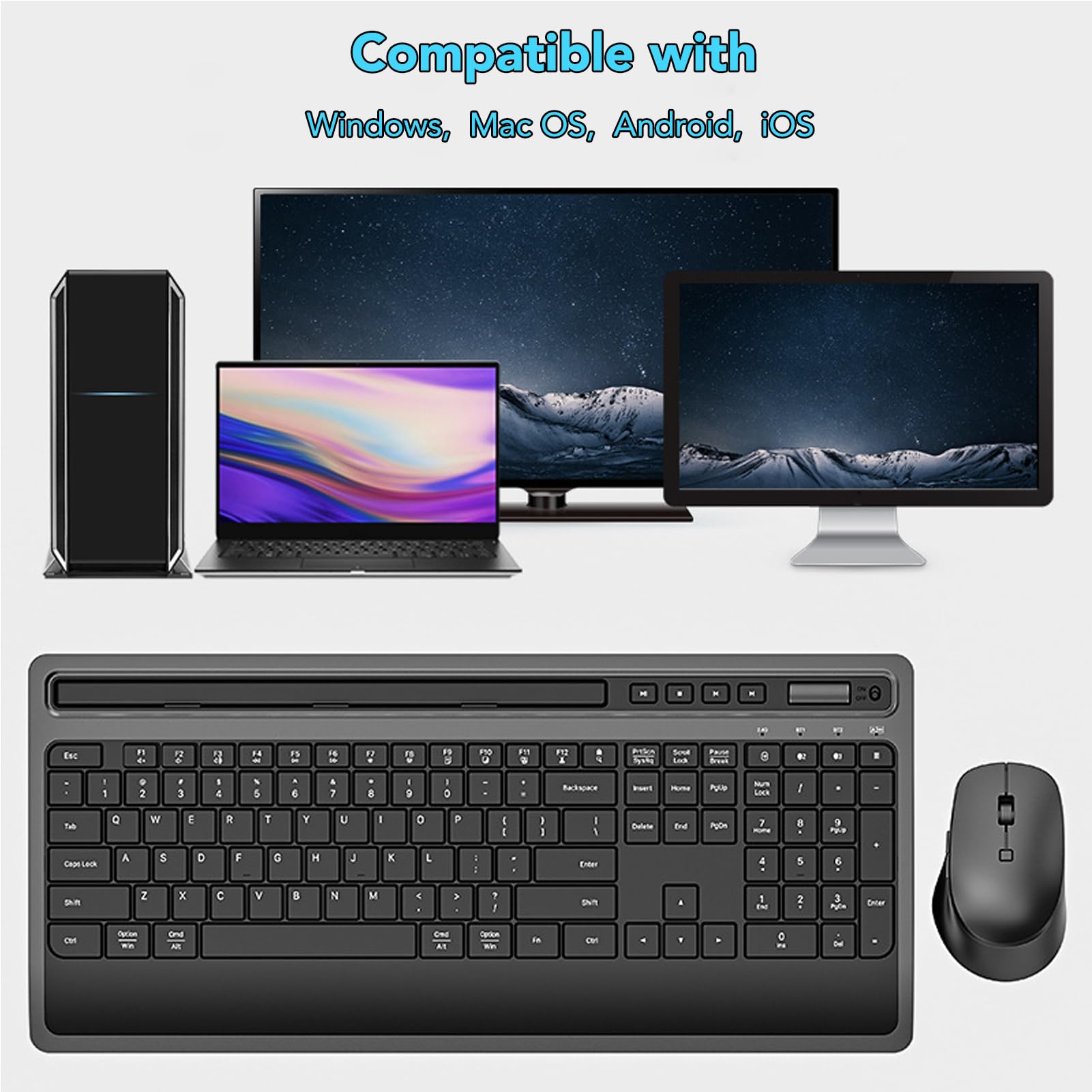 Wireless Keyboard and Mouse Combination, Silent Numeric Keypad and Adjustable DPI Mouse, Built-in Phone & Tablet Stand, Compatible with MacBook, Windows Computer, Black
