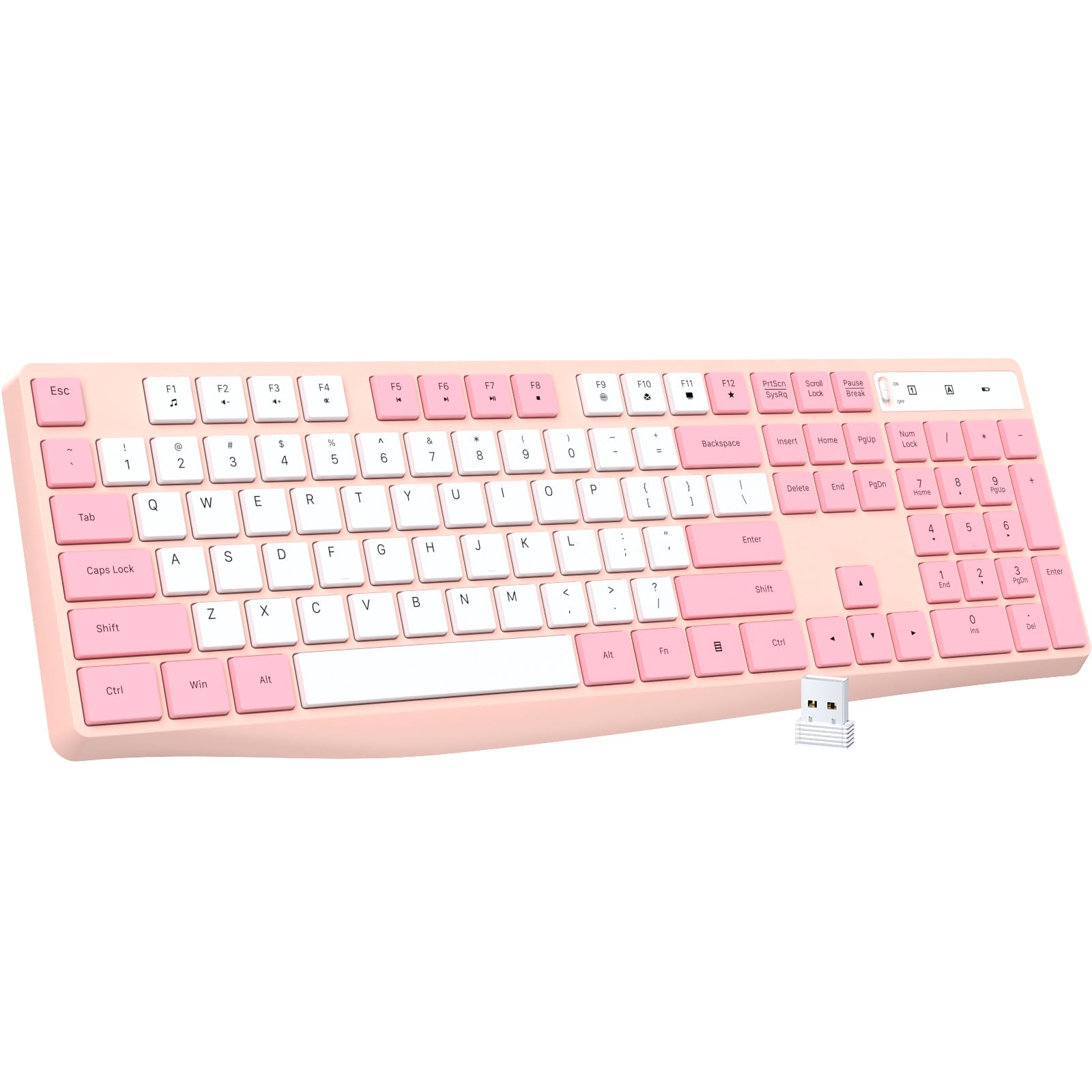 Lovaky Wireless Keyboard, 2.4G Ergonomic Wireless Computer Keyboard, Enlarged Indicator Light, Full Size PC Keyboard with Numeric Keypad for Laptop, Desktop, Surface, Chromebook, Notebook,PinkWhite