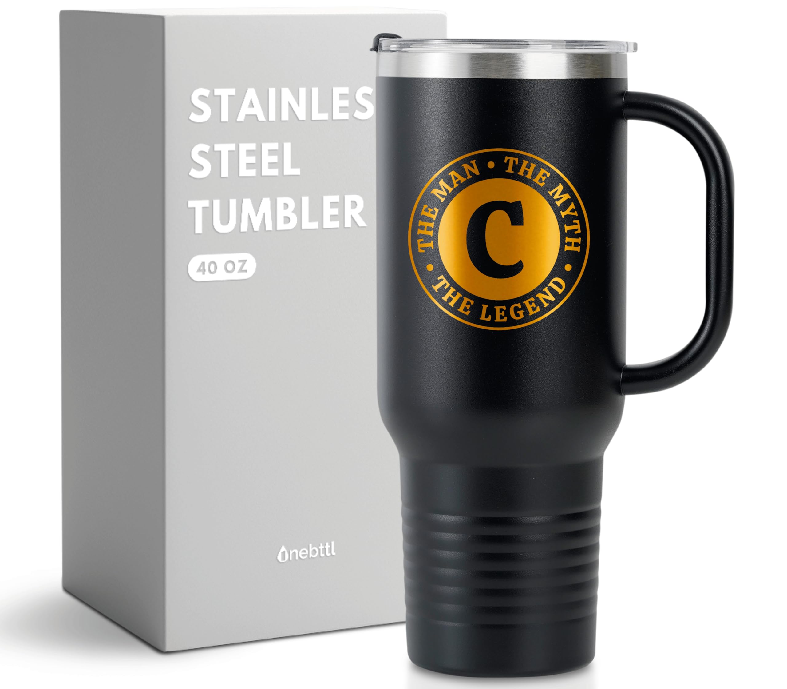the Man the Myth the Legend, Monogrammed 40oz Tumbler with Handle for Men, Funny Personalized Travel Mug, Unique Birthday Christmas Gifts for Him, C