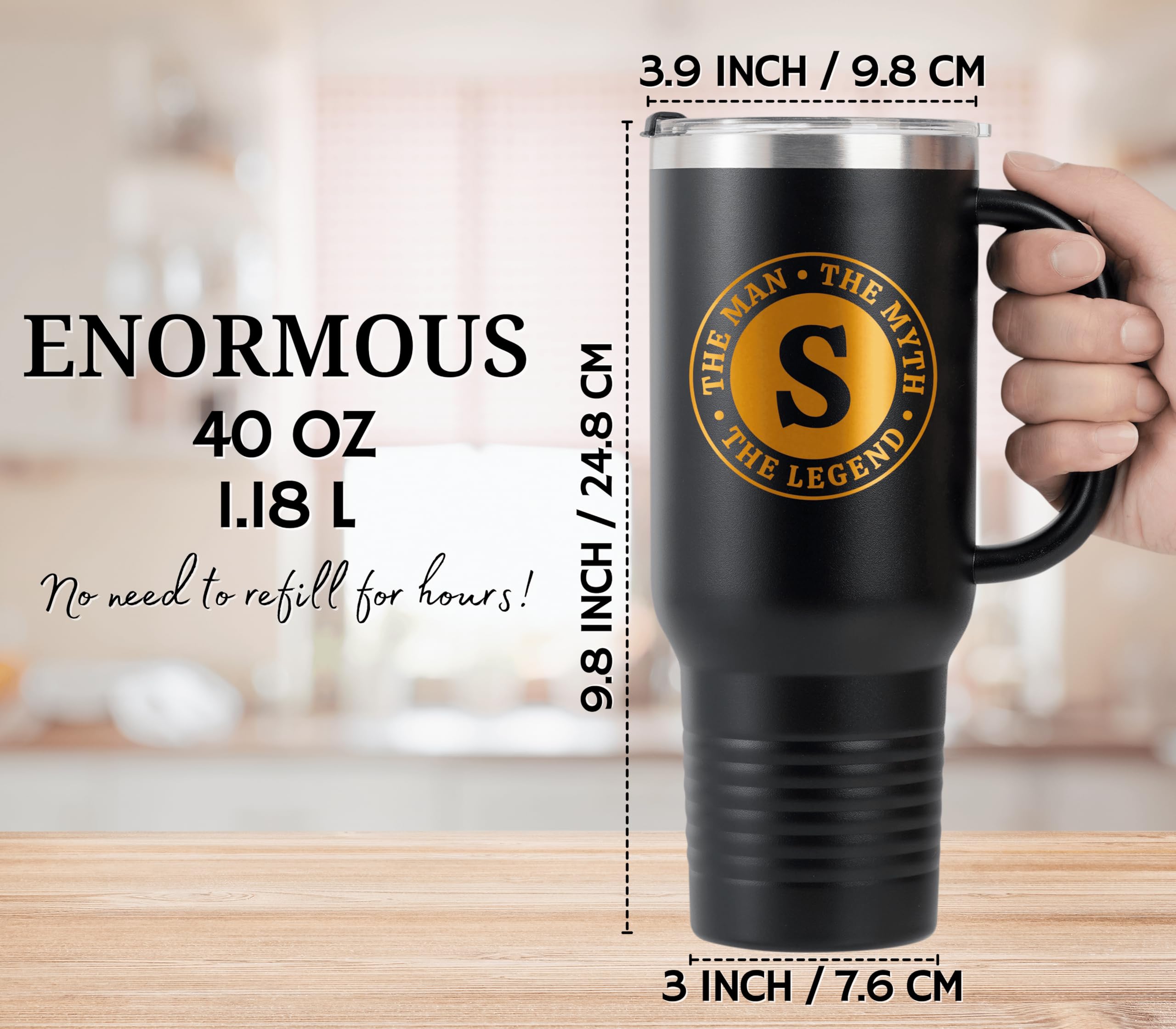 the Man the Myth the Legend, Monogrammed 40oz Tumbler with Handle for Men, Funny Personalized Travel Mug, Unique Birthday Christmas Gifts for Him, E
