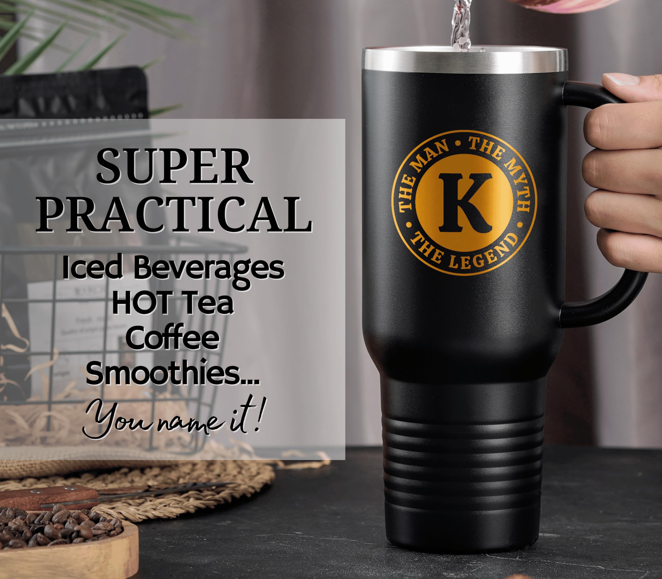 the Man the Myth the Legend, Monogrammed 40oz Tumbler with Handle for Men, Funny Personalized Travel Mug, Unique Birthday Christmas Gifts for Him, E
