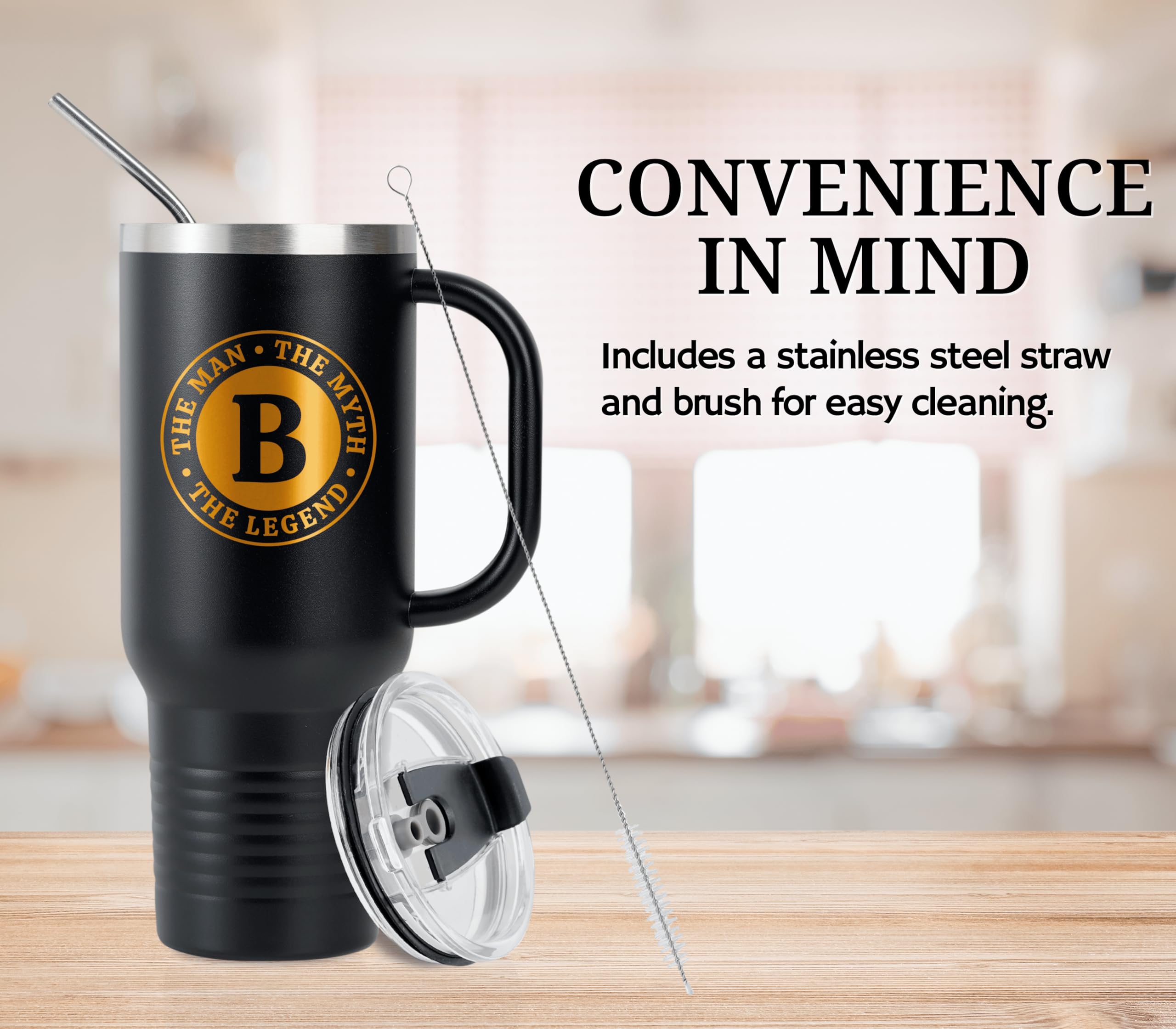 the Man the Myth the Legend, Monogrammed 40oz Tumbler with Handle for Men, Funny Personalized Travel Mug, Unique Birthday Christmas Gifts for Him, E