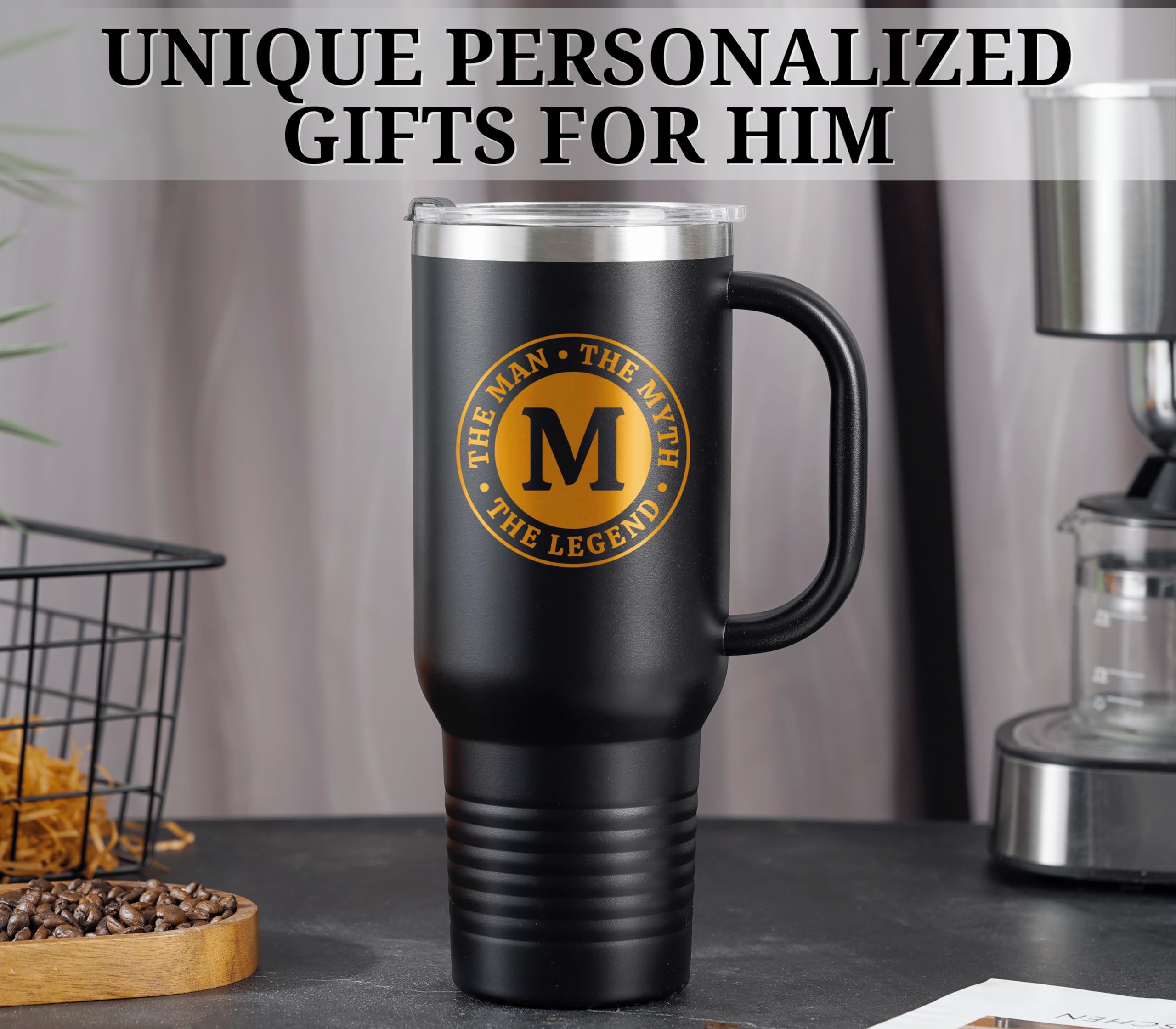 the Man the Myth the Legend, Monogrammed 40oz Tumbler with Handle for Men, Funny Personalized Travel Mug, Unique Birthday Christmas Gifts for Him, E