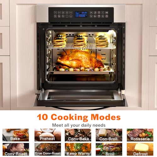 Empava 24 inch Electric Single 10 Cooking Funcitons, Stainless Steel Built-in Wall Convection Ovens with Screen Touch Control, 360° Rotisserie