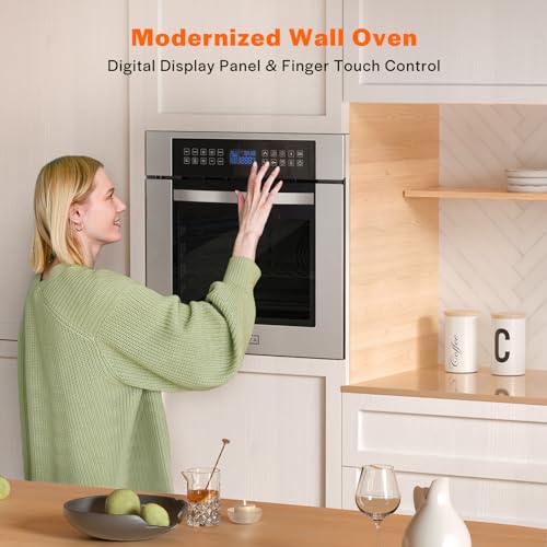 Empava 24 inch Electric Single 10 Cooking Funcitons, Stainless Steel Built-in Wall Convection Ovens with Screen Touch Control, 360° Rotisserie