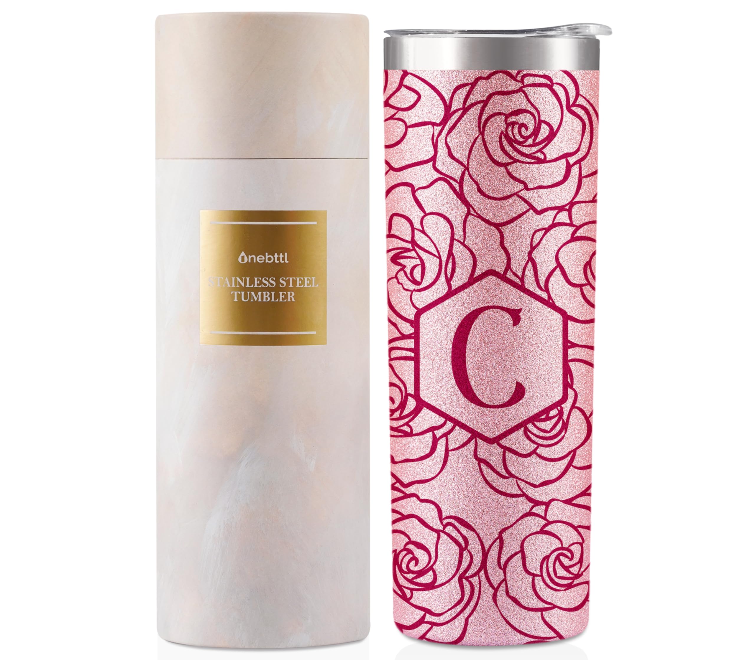 Onebttl Monogrammed Gifts for Women, Personalized Travel Mugs, Unique Coffee Tumbler with Initials for Her on Birthdays Christmas, Rose Gold, C
