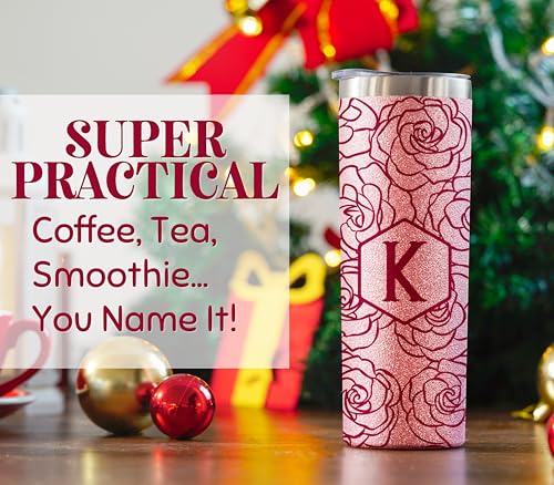 Onebttl Monogrammed Gifts for Women, Personalized Travel Mugs, Unique Coffee Tumbler with Initials for Her on Birthdays Christmas, Rose Gold, D
