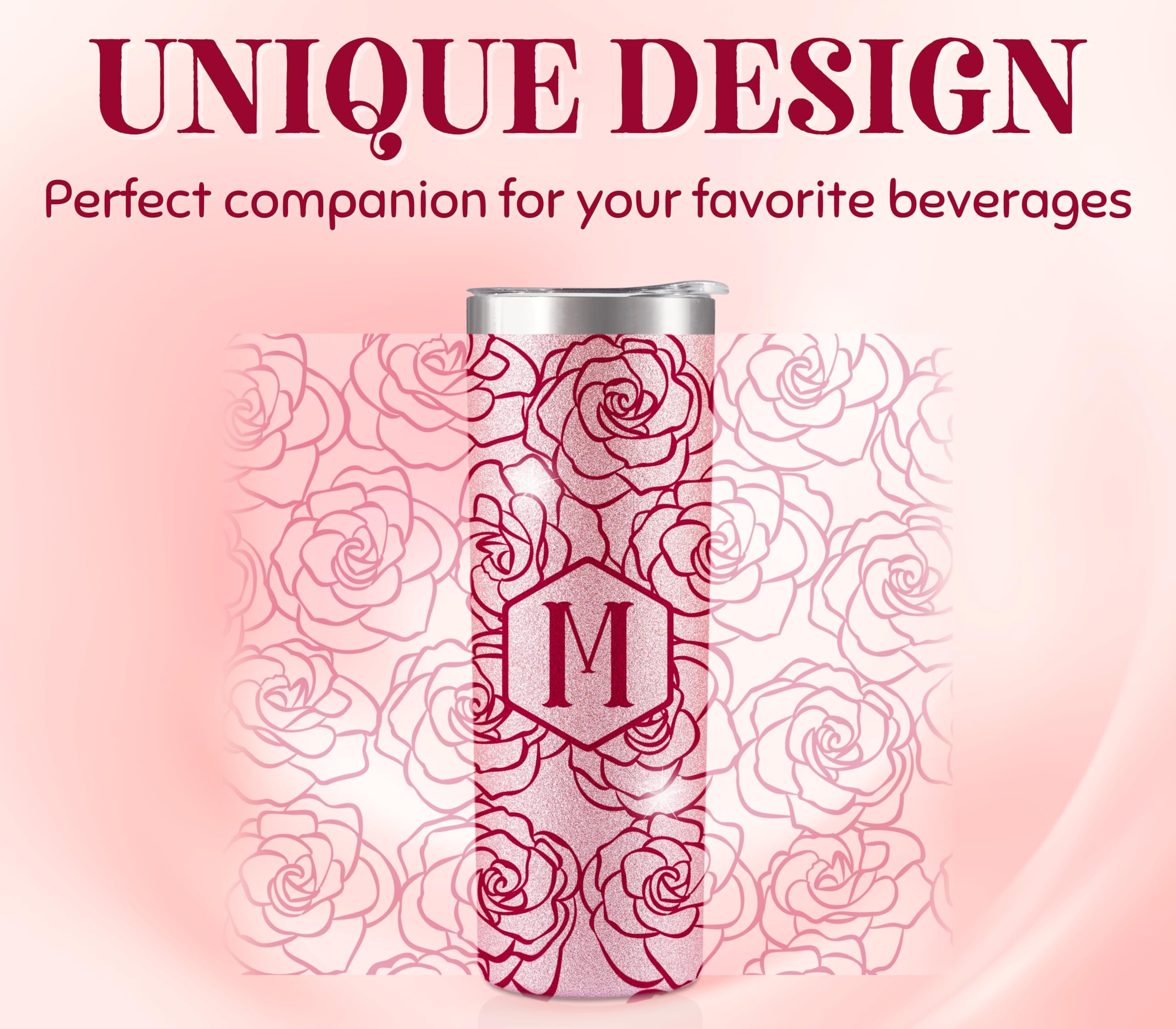 Onebttl Monogrammed Gifts for Women, Personalized Travel Mugs, Unique Coffee Tumbler with Initials for Her on Birthdays Christmas, Rose Gold, A