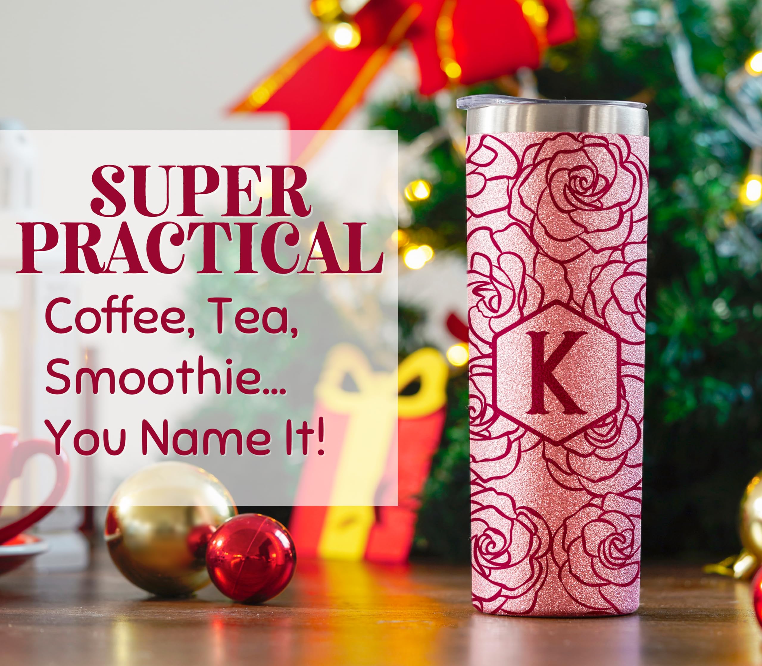 Onebttl Monogrammed Gifts for Women, Personalized Travel Mugs, Unique Coffee Tumbler with Initials for Her on Birthdays Christmas, Rose Gold, A