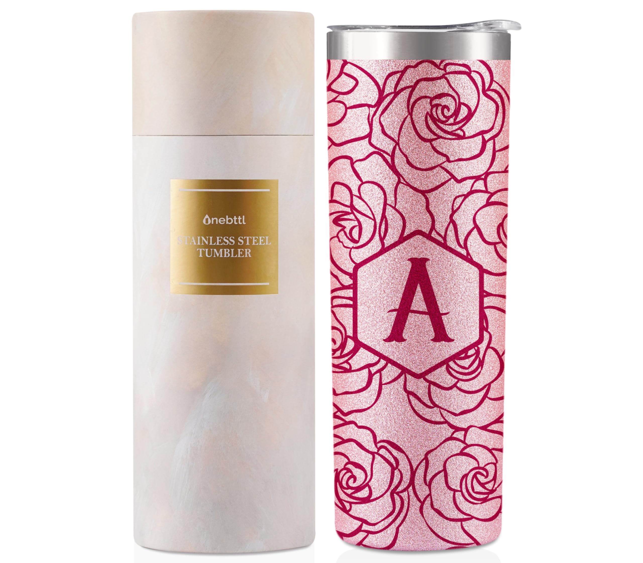 Onebttl Monogrammed Gifts for Women, Personalized Travel Mugs, Unique Coffee Tumbler with Initials for Her on Birthdays Christmas, Rose Gold, A