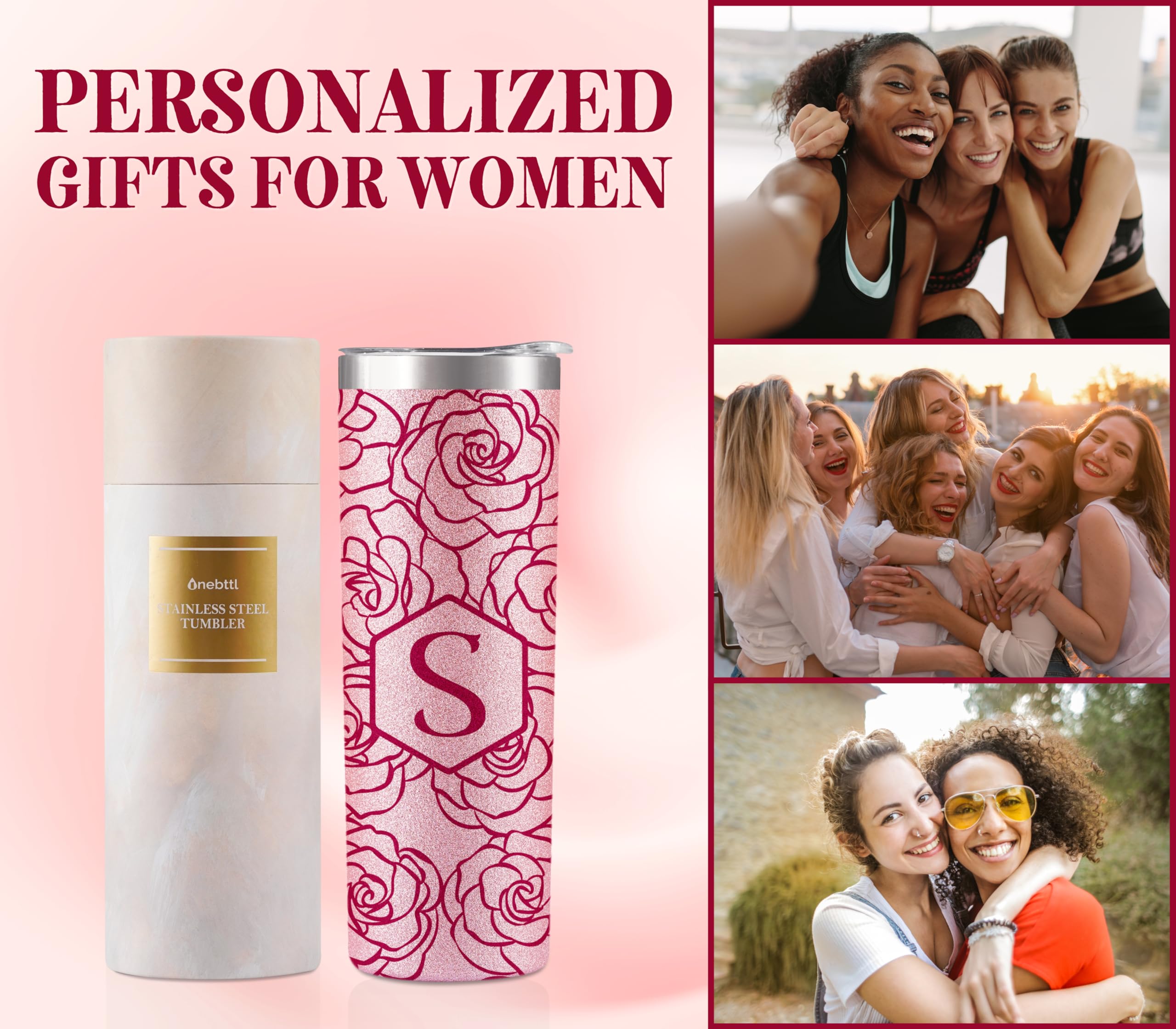 Onebttl Monogrammed Gifts for Women, Personalized Travel Mugs, Unique Coffee Tumbler with Initials for Her on Birthdays Christmas, Rose Gold, B