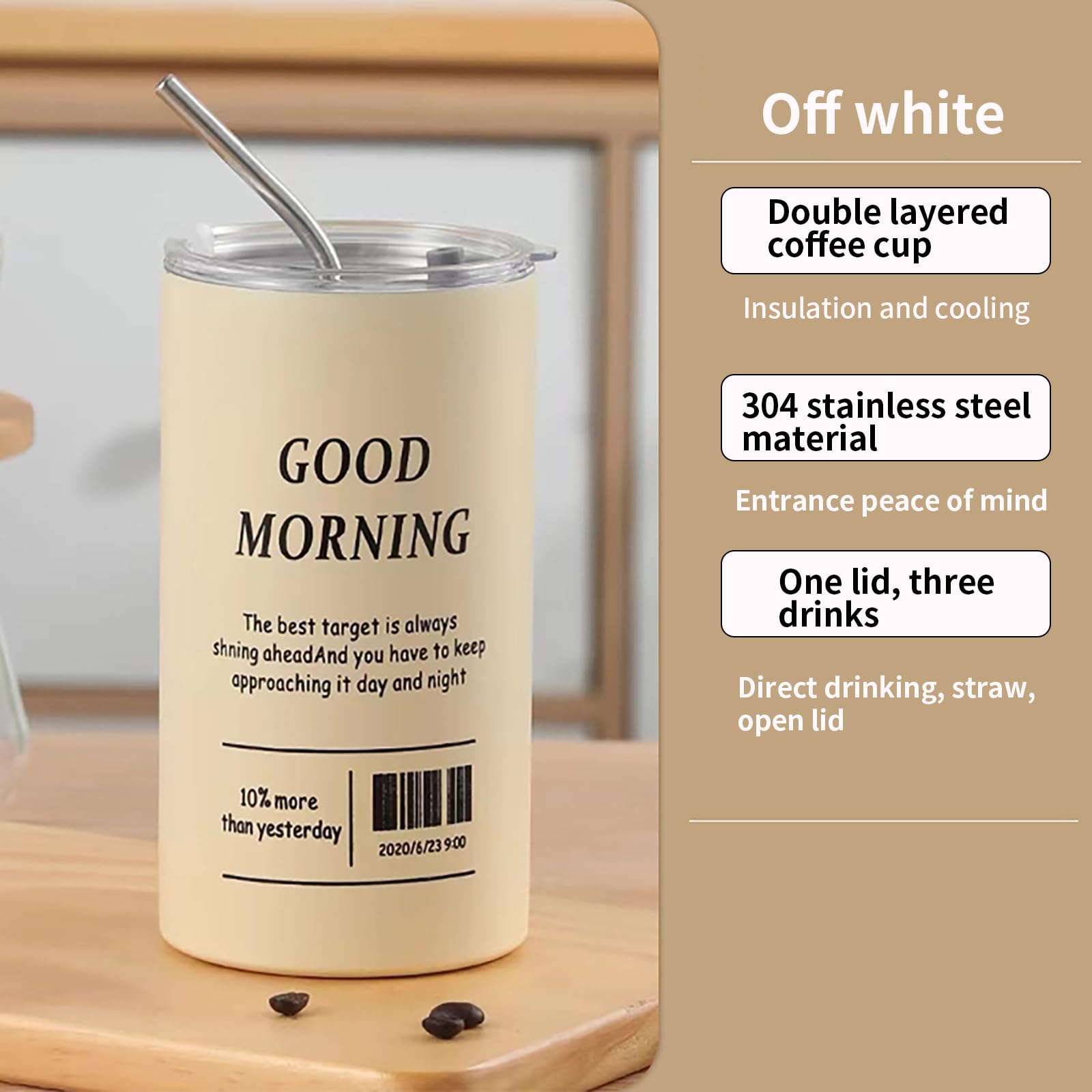 20OZ insulation and cooling ice cream cup, simple office portable car straw water cup, vacuum double-layer coffee cup, 304 stainless steel cold and hot drink travel cup (Off white)