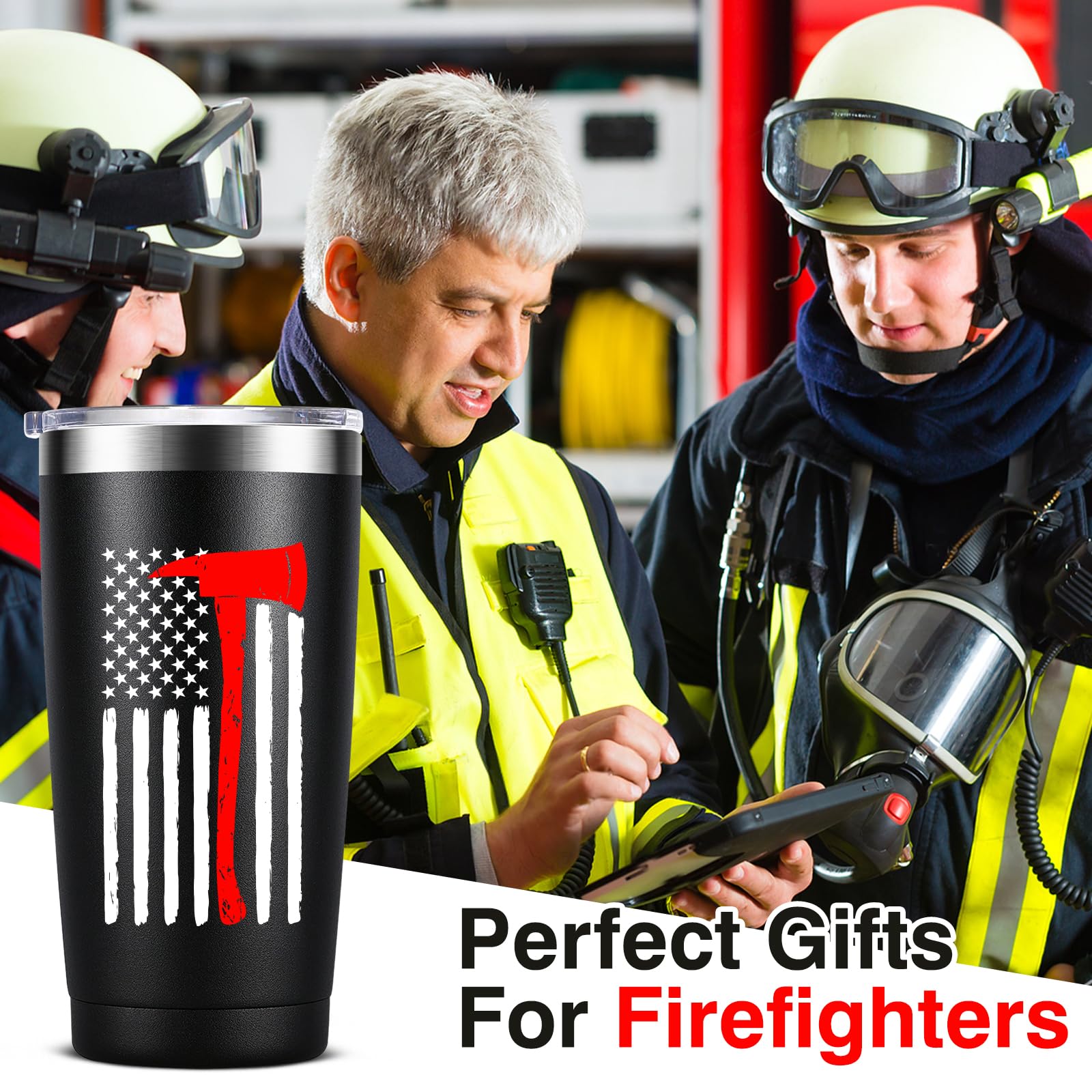 KIKERRO Thin Red Line Firefighter Gifts for Men, Fireman, Fire Fighter Department Team Essentials Coffee Mug Cup - 20oz Insulated Stainless Steel Tumbler, Black