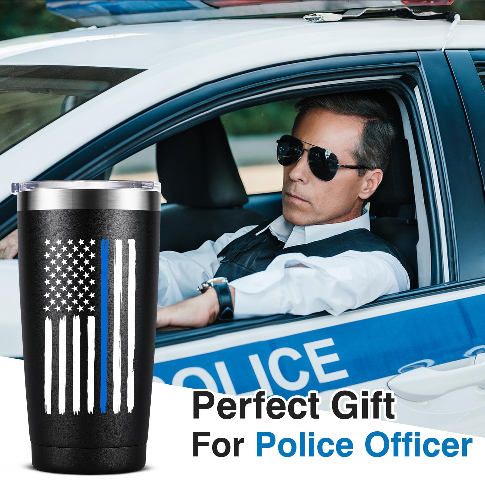 KIKERRO Thin Blue Line Police Officer Gifts - Cops Officer Valentine's Day Gift Coffee Cup - 20oz Stainless Steel Double Wall Insulated Tumbler, Black