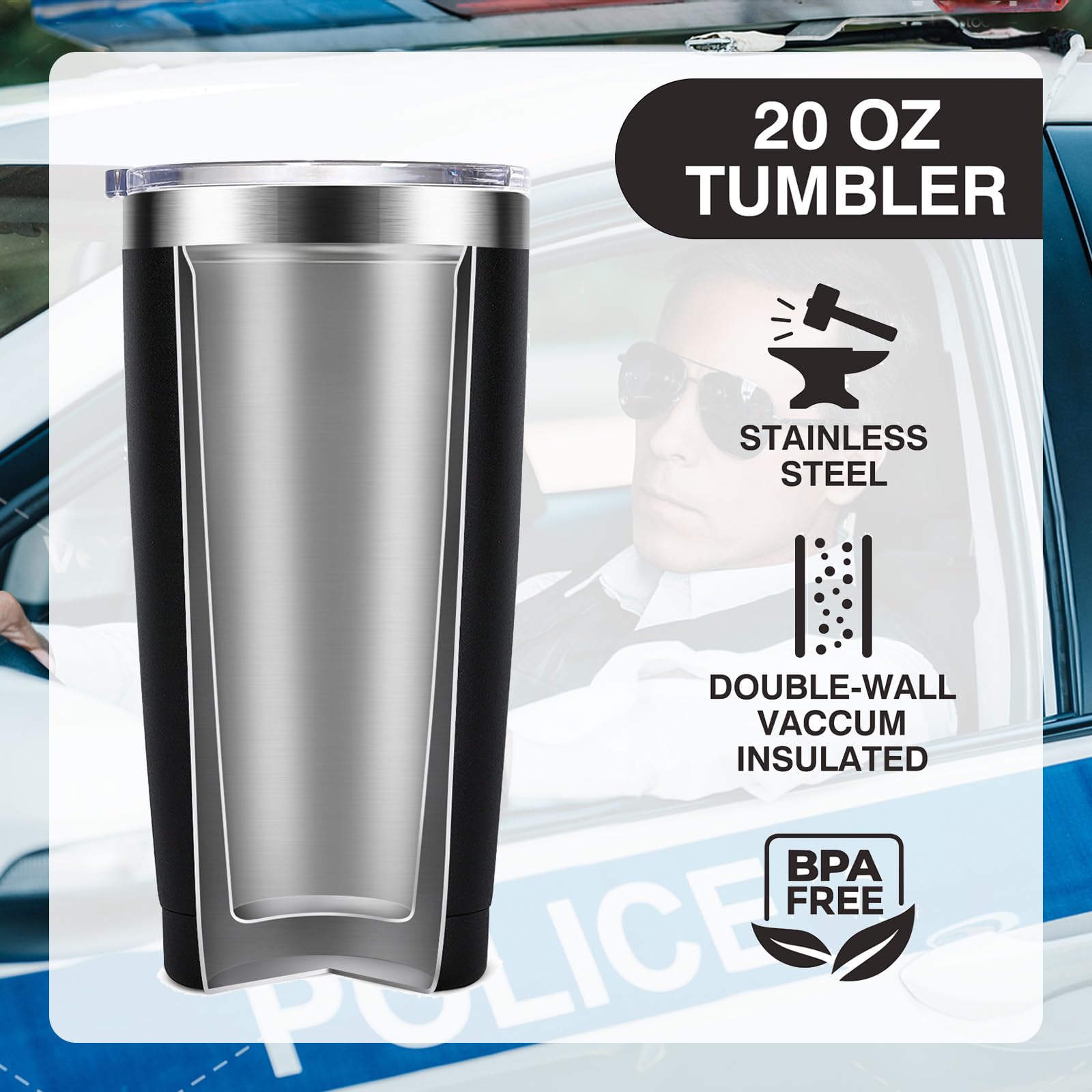 KIKERRO Thin Blue Line Police Officer Gifts - Cops Officer Valentine's Day Gift Coffee Cup - 20oz Stainless Steel Double Wall Insulated Tumbler, Black