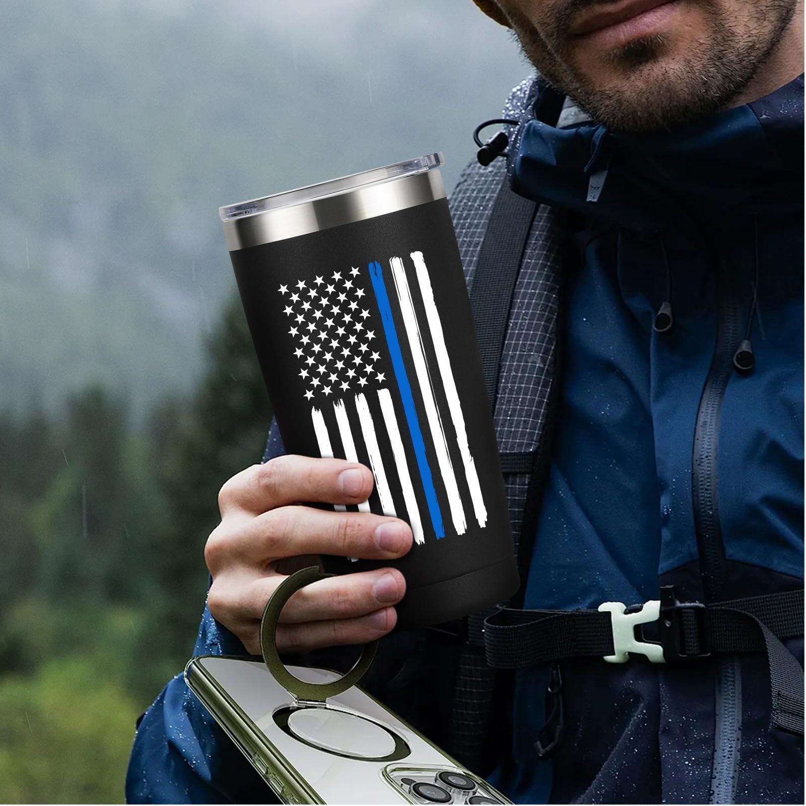 KIKERRO Thin Blue Line Police Officer Gifts - Cops Officer Valentine's Day Gift Coffee Cup - 20oz Stainless Steel Double Wall Insulated Tumbler, Black