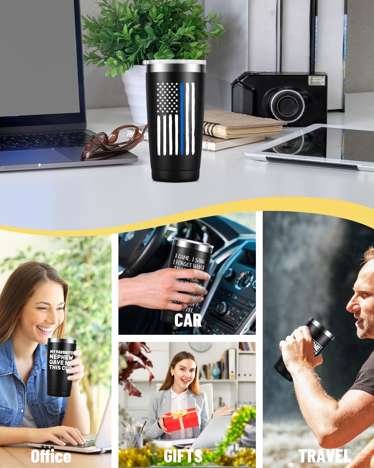 KIKERRO Thin Blue Line Police Officer Gifts - Cops Officer Valentine's Day Gift Coffee Cup - 20oz Stainless Steel Double Wall Insulated Tumbler, Black