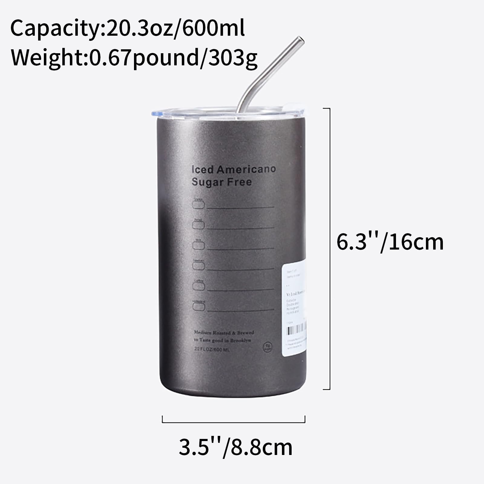 20OZ insulation and cooling ice cream cup, simple office portable car straw water cup, vacuum double-layer coffee cup, 304 stainless steel cold and hot drink travel cup (Gray)