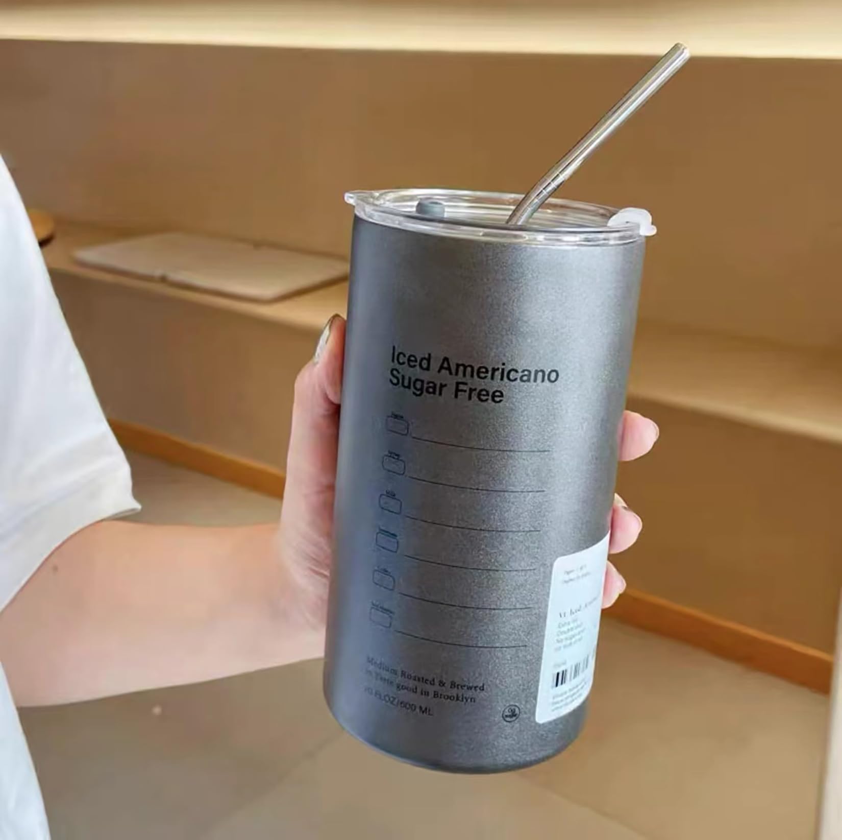 20OZ insulation and cooling ice cream cup, simple office portable car straw water cup, vacuum double-layer coffee cup, 304 stainless steel cold and hot drink travel cup (Gray)