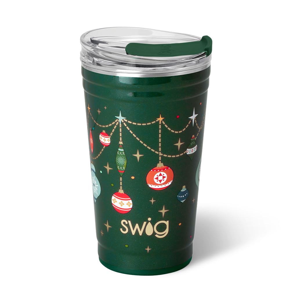 Swig Life 24oz Party Cup, Stackable Insulated Travel Coffee Tumbler with EZ Slider Lid, Cup Holder Friendly Travel Thermos, Stainless Steel 24 oz Tumbler, Reusable Coffee Mug (Deck The Halls)